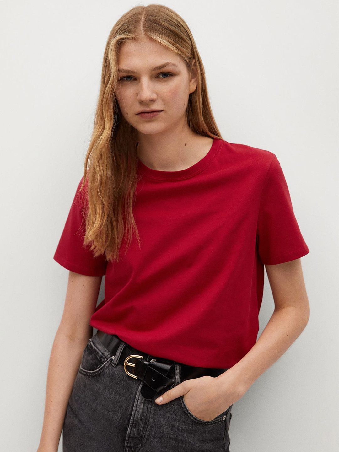 Buy MANGO Women Red Solid Round Organic Cotton Sustainable Neck T Shirt ...