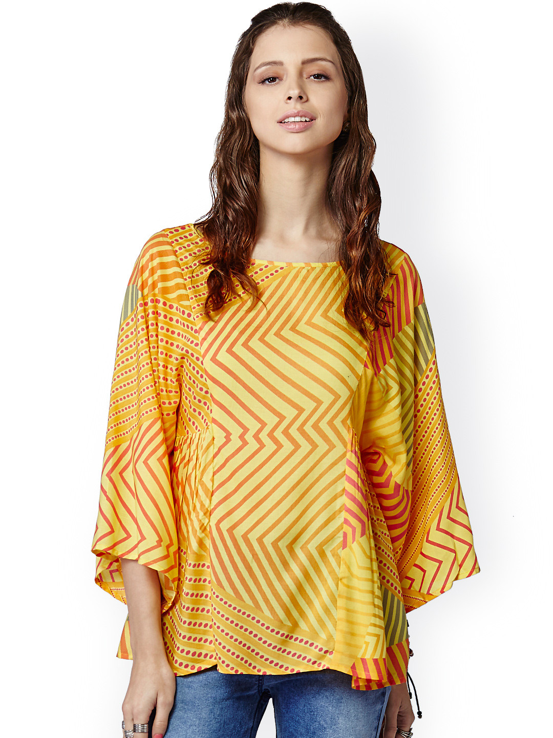 Buy Global Desi Yellow & Orange Chevron Print Kaftan Top - Tops for ...