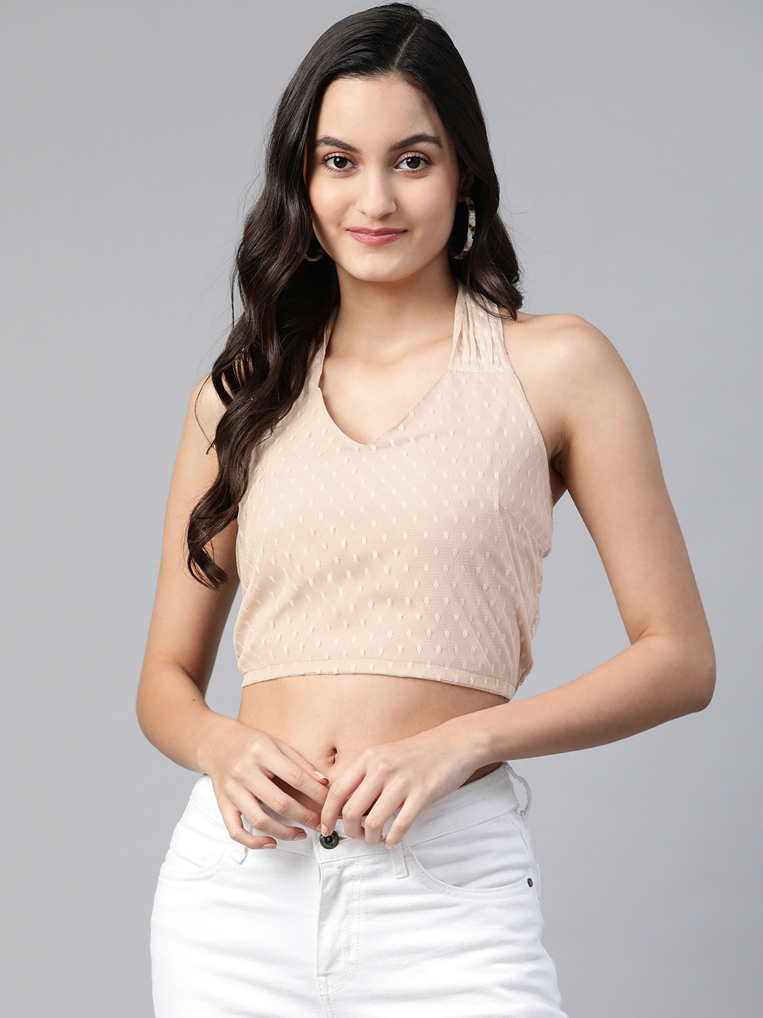 Buy SIRIKIT Peach Coloured Halter Neck Net Cropped Top - Tops for Women ...