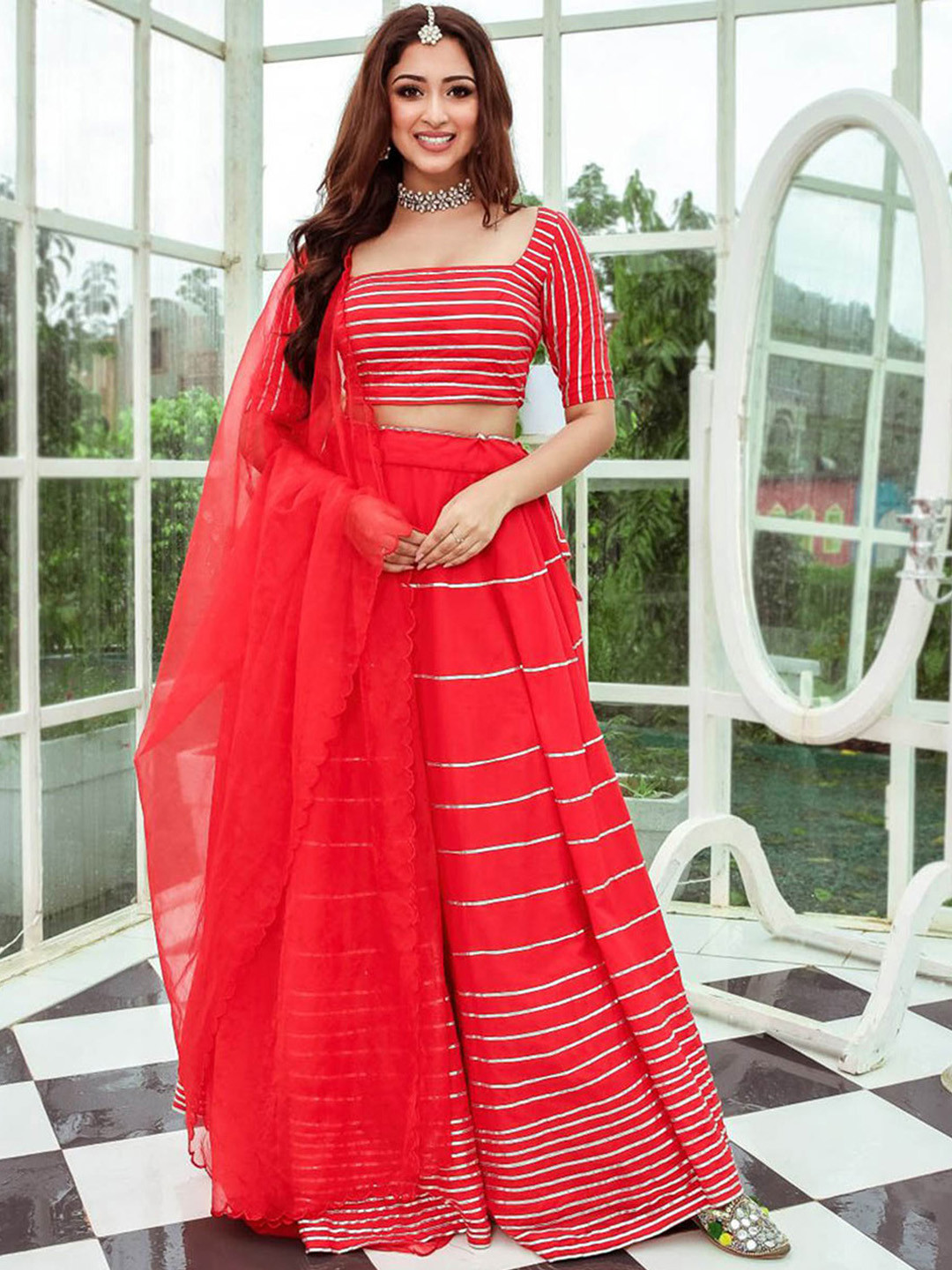 Buy Lavanya The Label Red & Golden Gotta Patti Ready To Wear Lehenga ...
