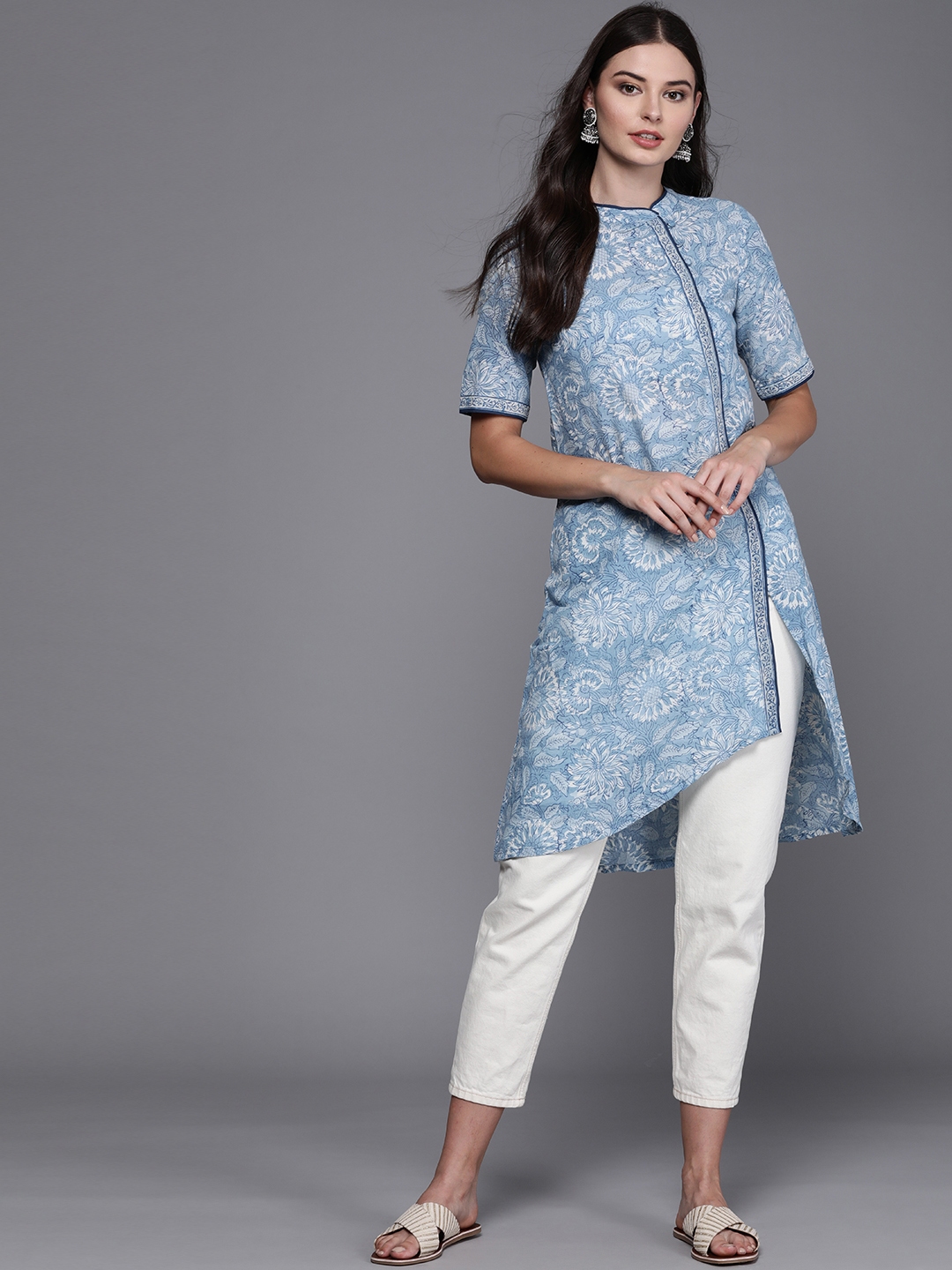 Buy Fabindia Women Blue And Off White Pure Cotton Ethnic Motifs Hand