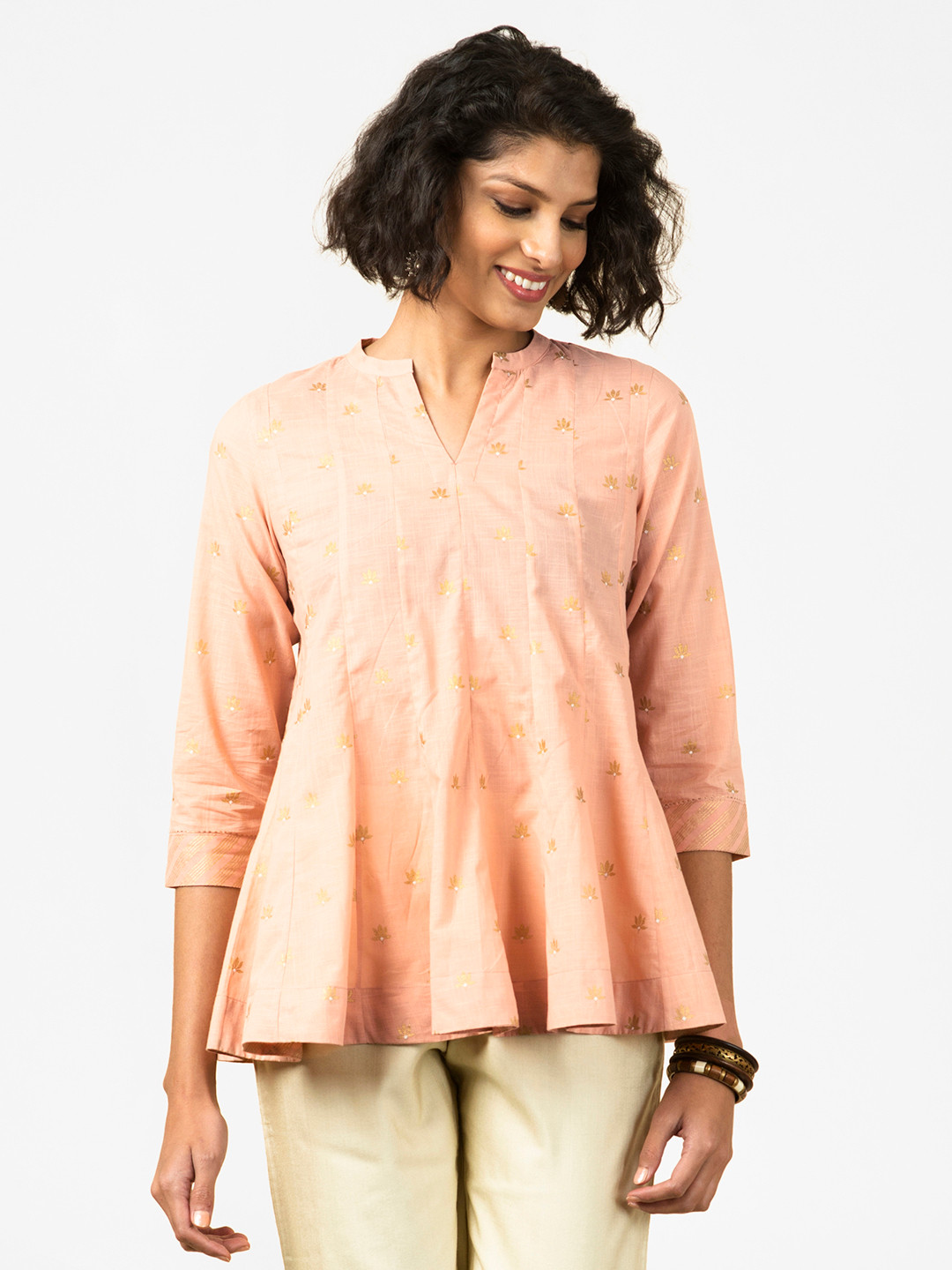 Buy Fabindia Women Peach Coloured & Golden Printed Panelled A Line ...