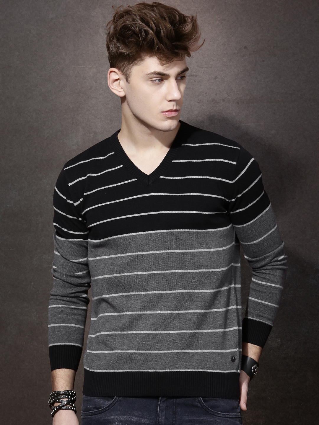 Buy Roadster Black & Grey Striped Sweater - Sweaters for Men 1370994 ...