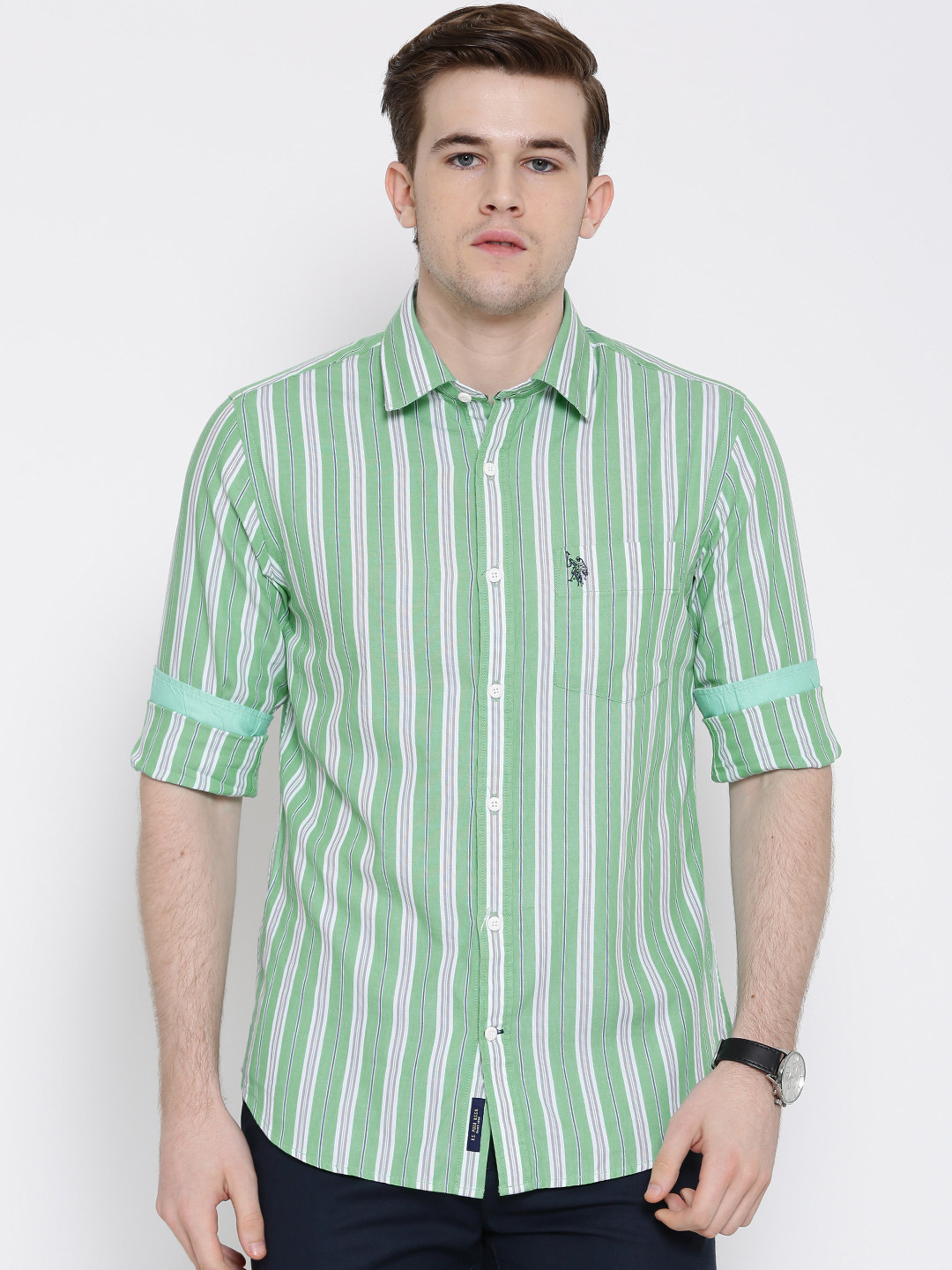 Buy U.S. Polo Assn. Green Striped Tailored Fit Casual Shirt - Shirts ...
