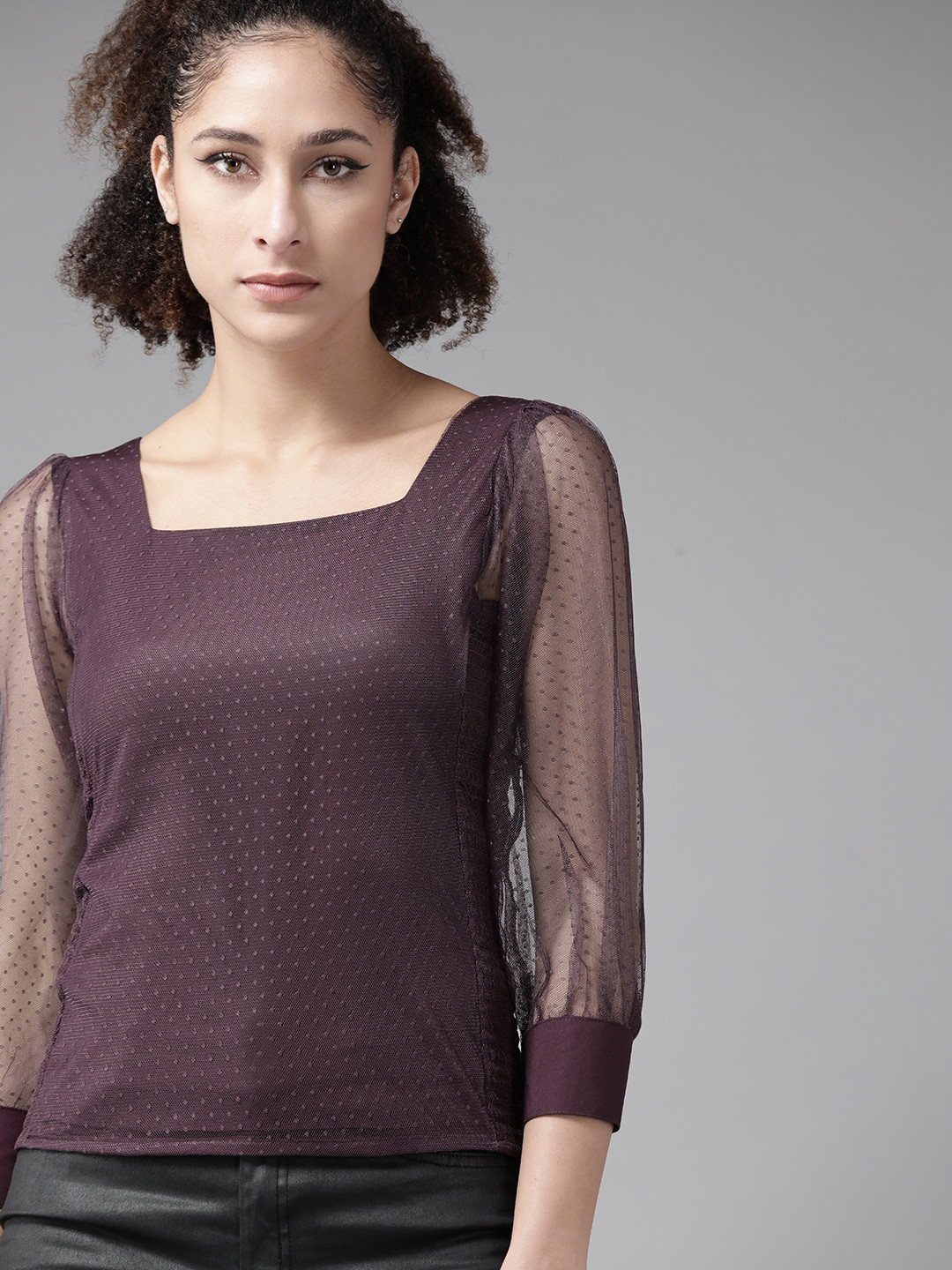 Buy Roadster Purple Self Design Smocked Net Top - Tops for Women ...