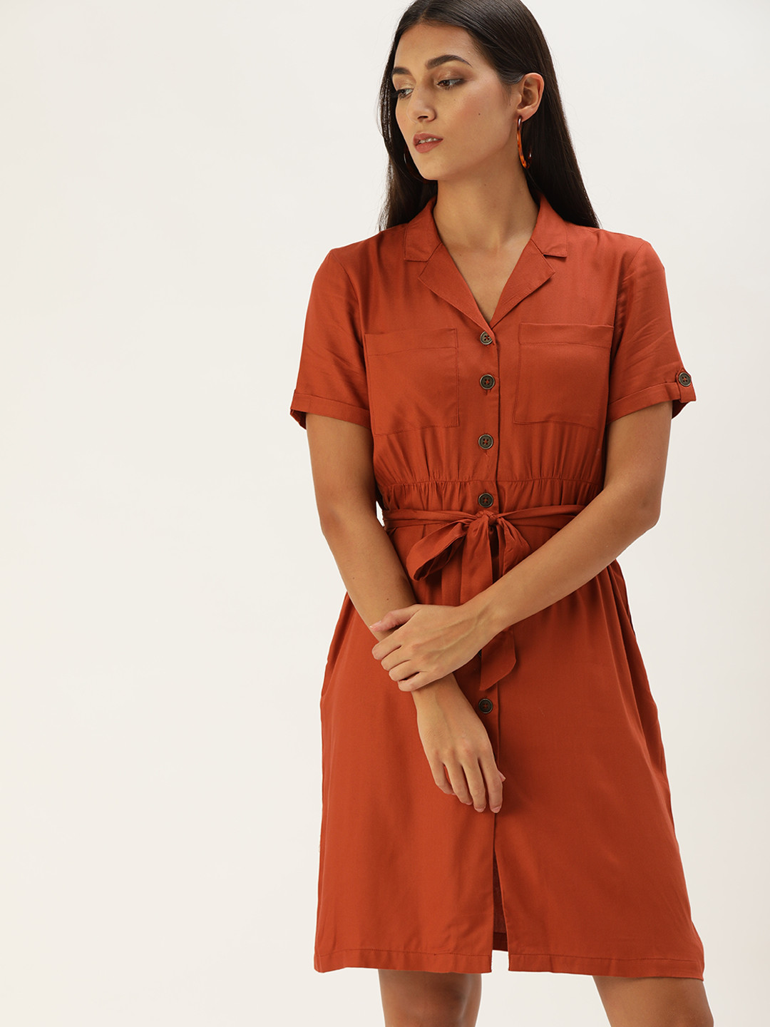 Buy Chemistry Rust Brown Solid Shirt Dress With Belt - Dresses for ...