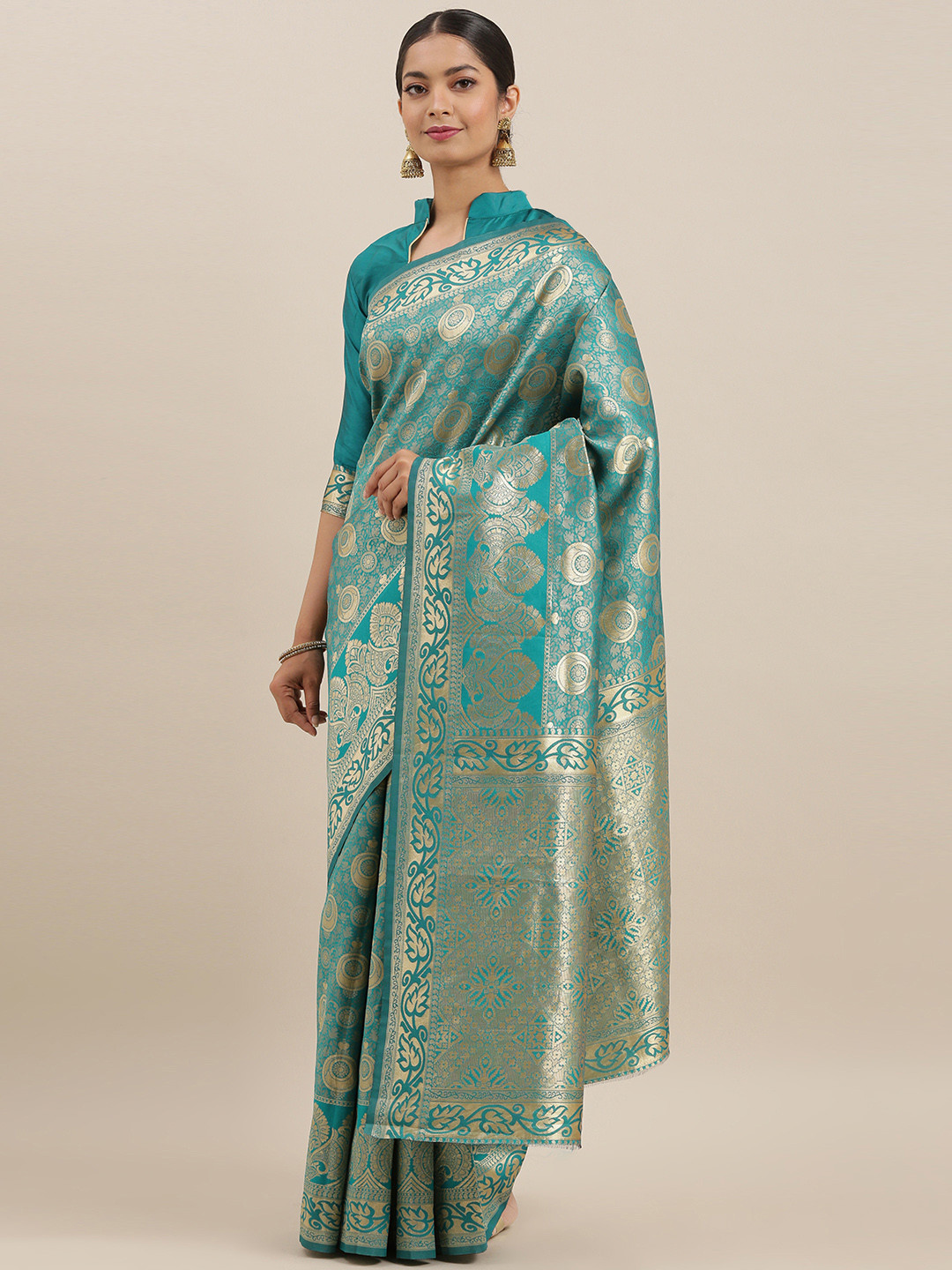 Buy Mitera Turquoise Blue Silk Blend Woven Design Banarasi Saree ...