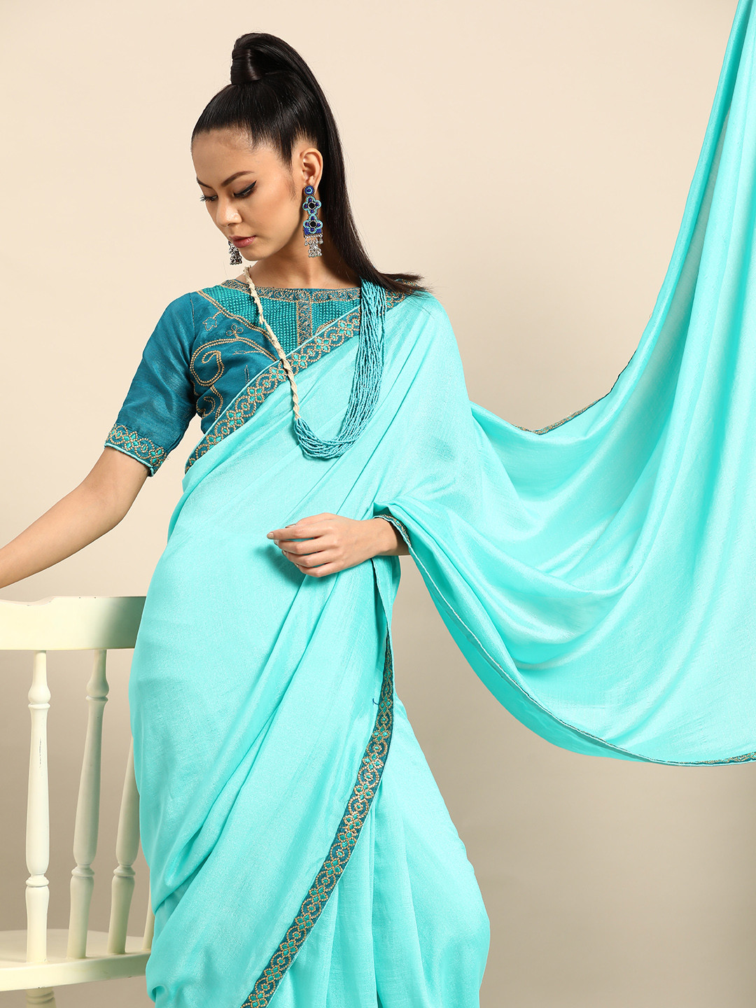Buy SHAVYA Women Turquoise Blue Solid Silk Blend Saree - Sarees for ...
