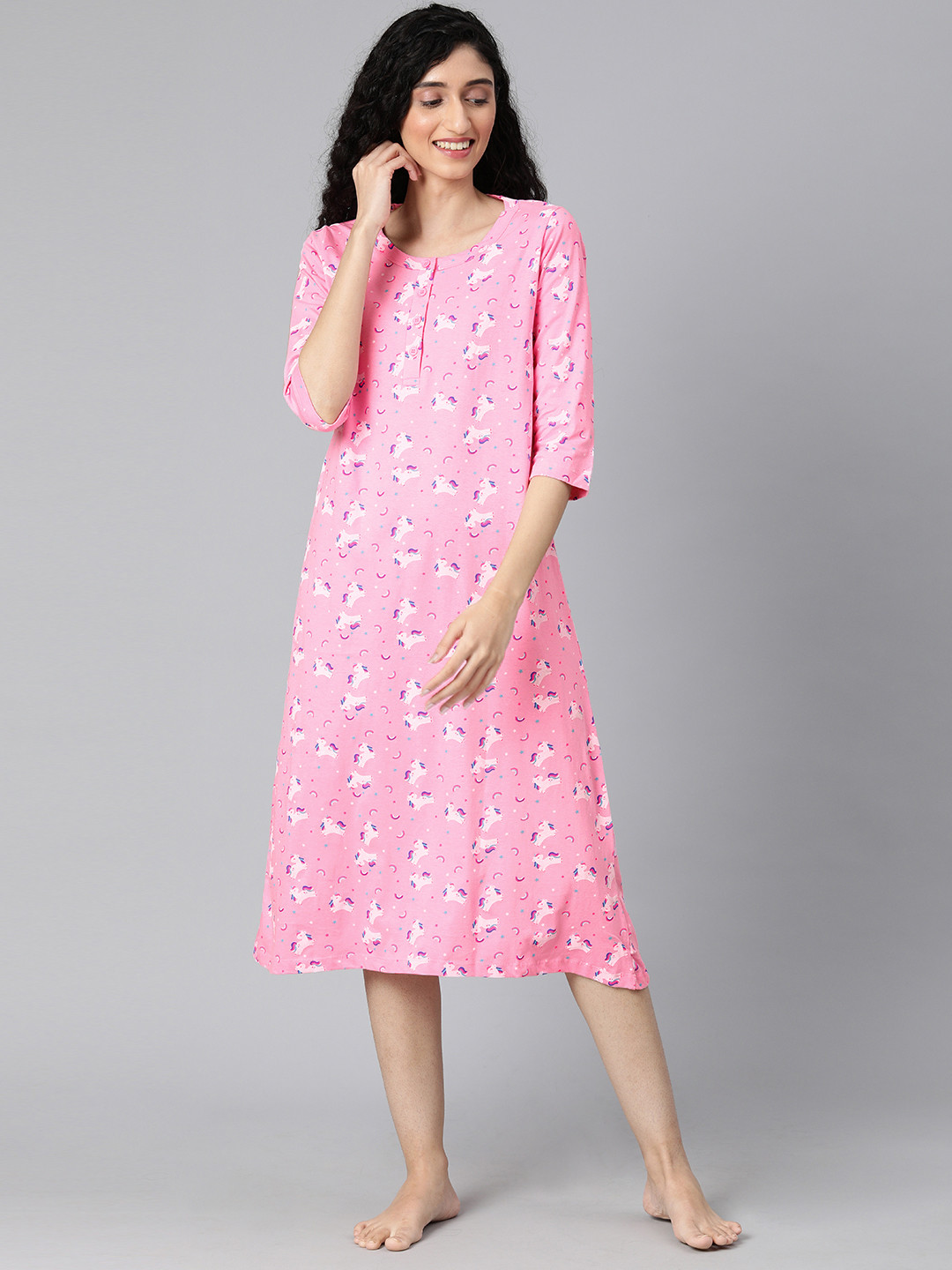 Buy HERE&NOW Women Pink Printed Nightdress - Nightdress for Women ...