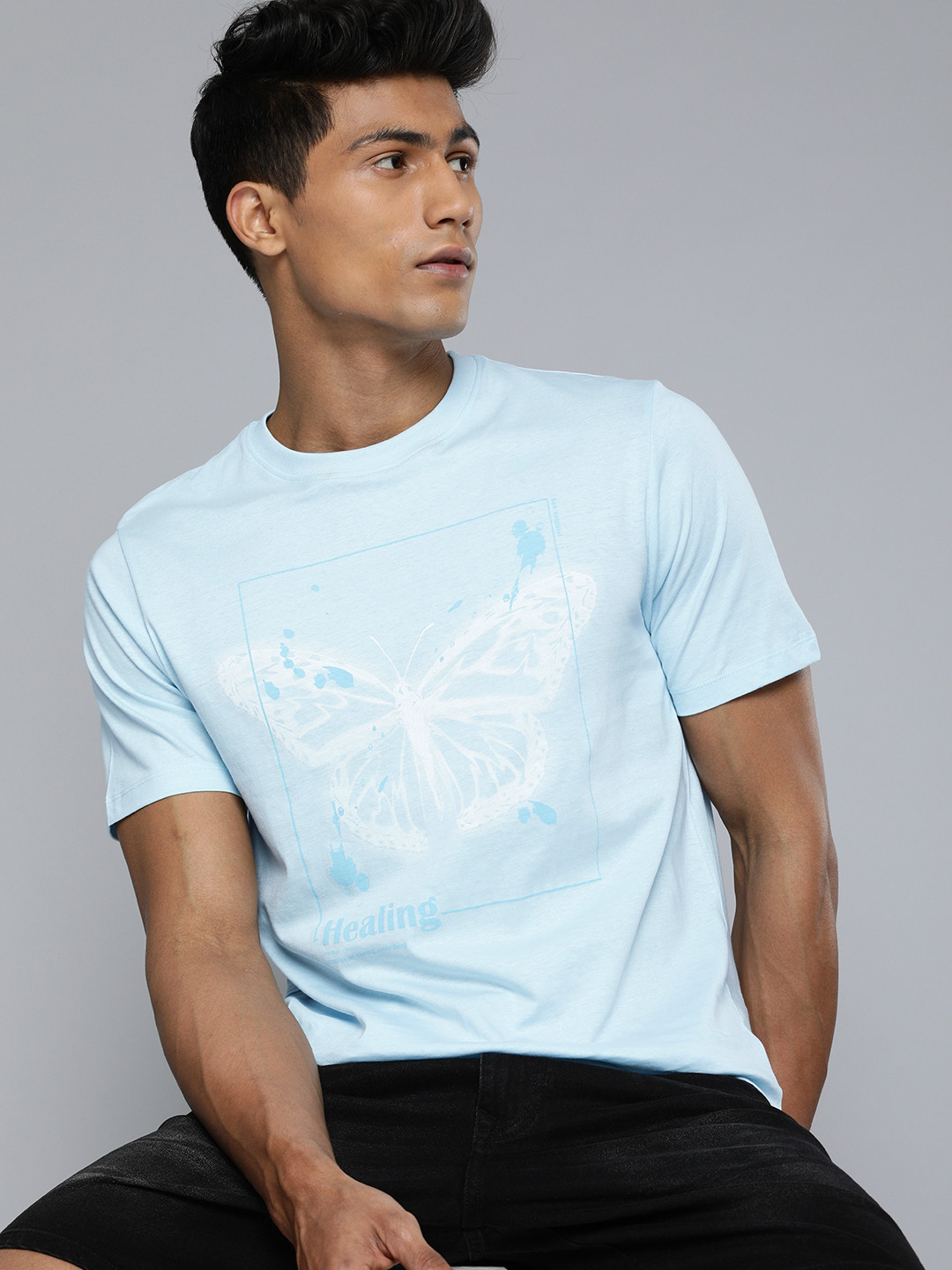 Buy Kook N Keech Men Blue White Graphic Printed Pure Cotton T Shirt ...