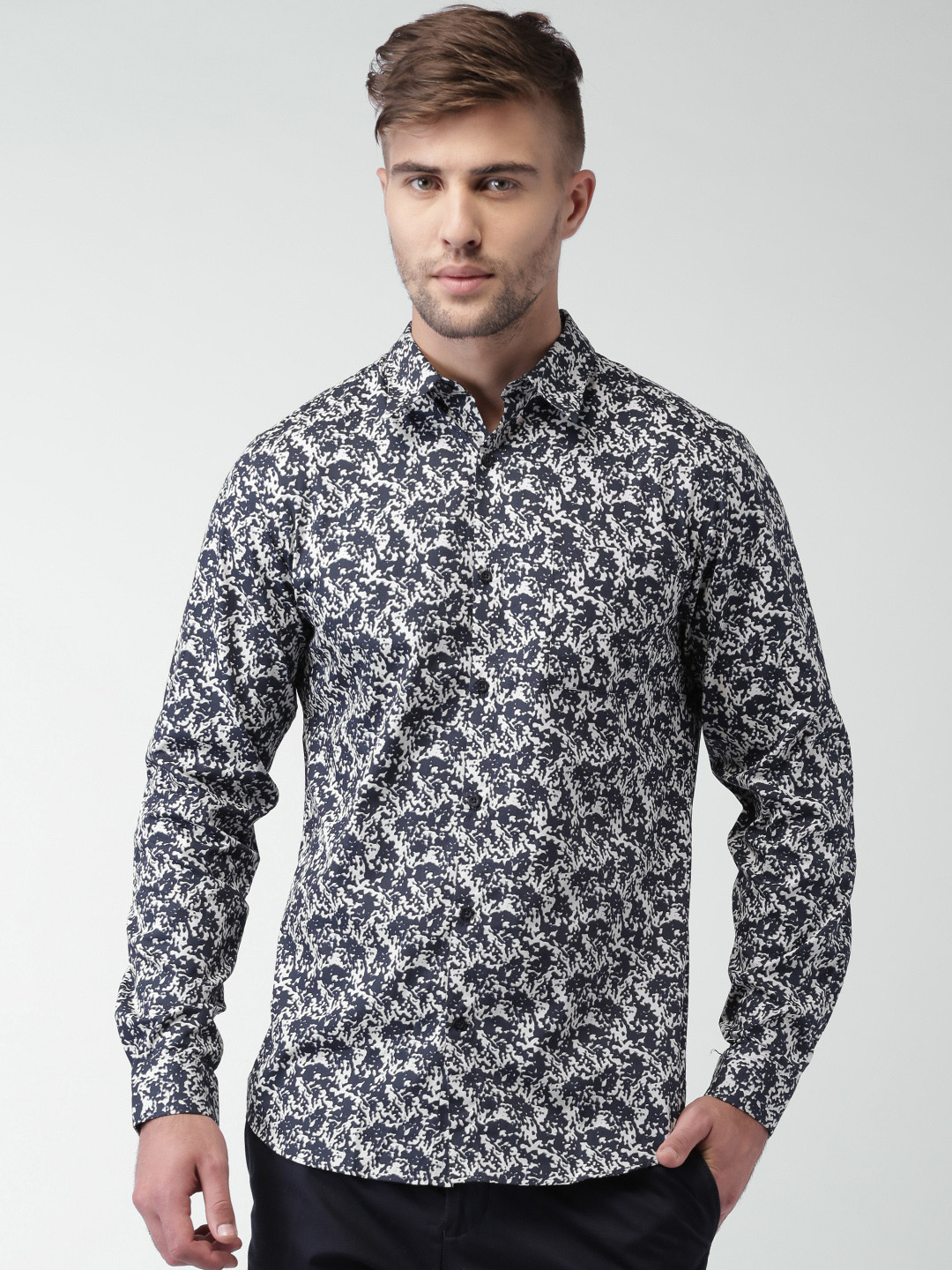 Buy SELECTED Homme Identity Navy & White Printed Slim Fit Casual Shirt ...