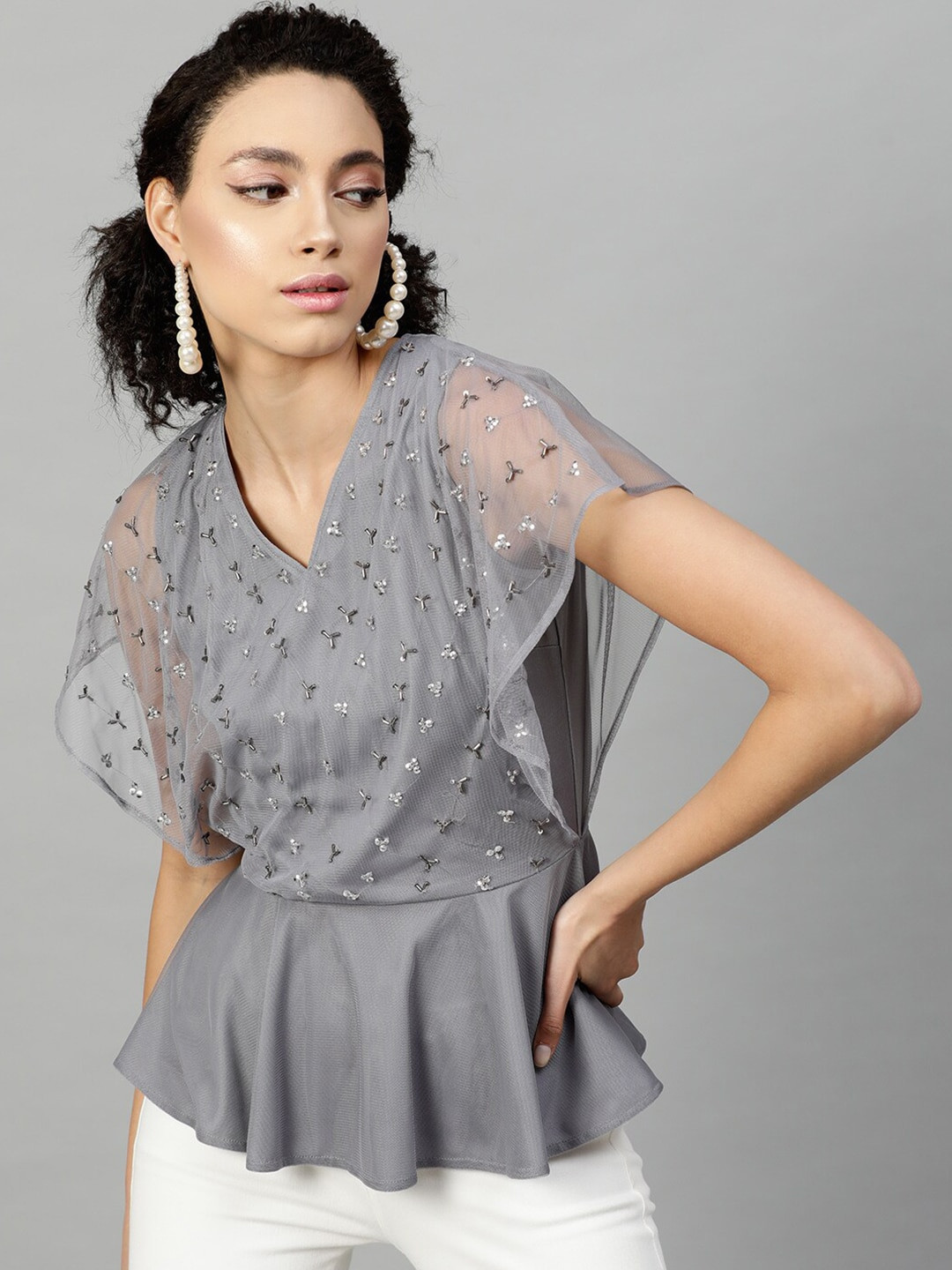 Buy STREET 9 Grey Embellished Flared Sleeves Layered Net Wrap Top ...