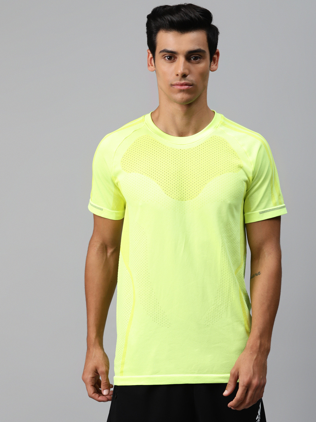 Buy ADIDAS Men Yellow Printed Primeknit Slim Fit Running T Shirt ...