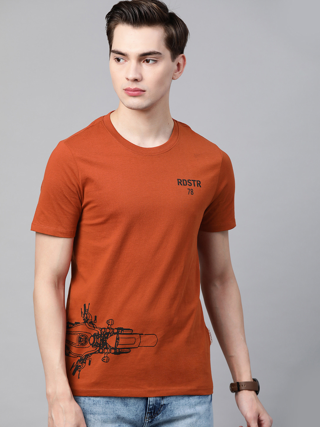 Buy Roadster Men Rust Orange Pure Cotton Printed Pure Cotton T Shirt ...