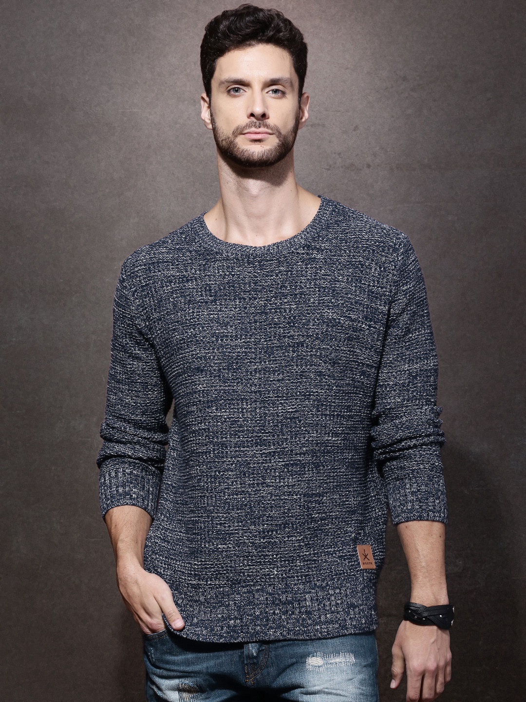 Buy Roadster Men Navy Blue Self Design Sweater - Sweaters for Men ...