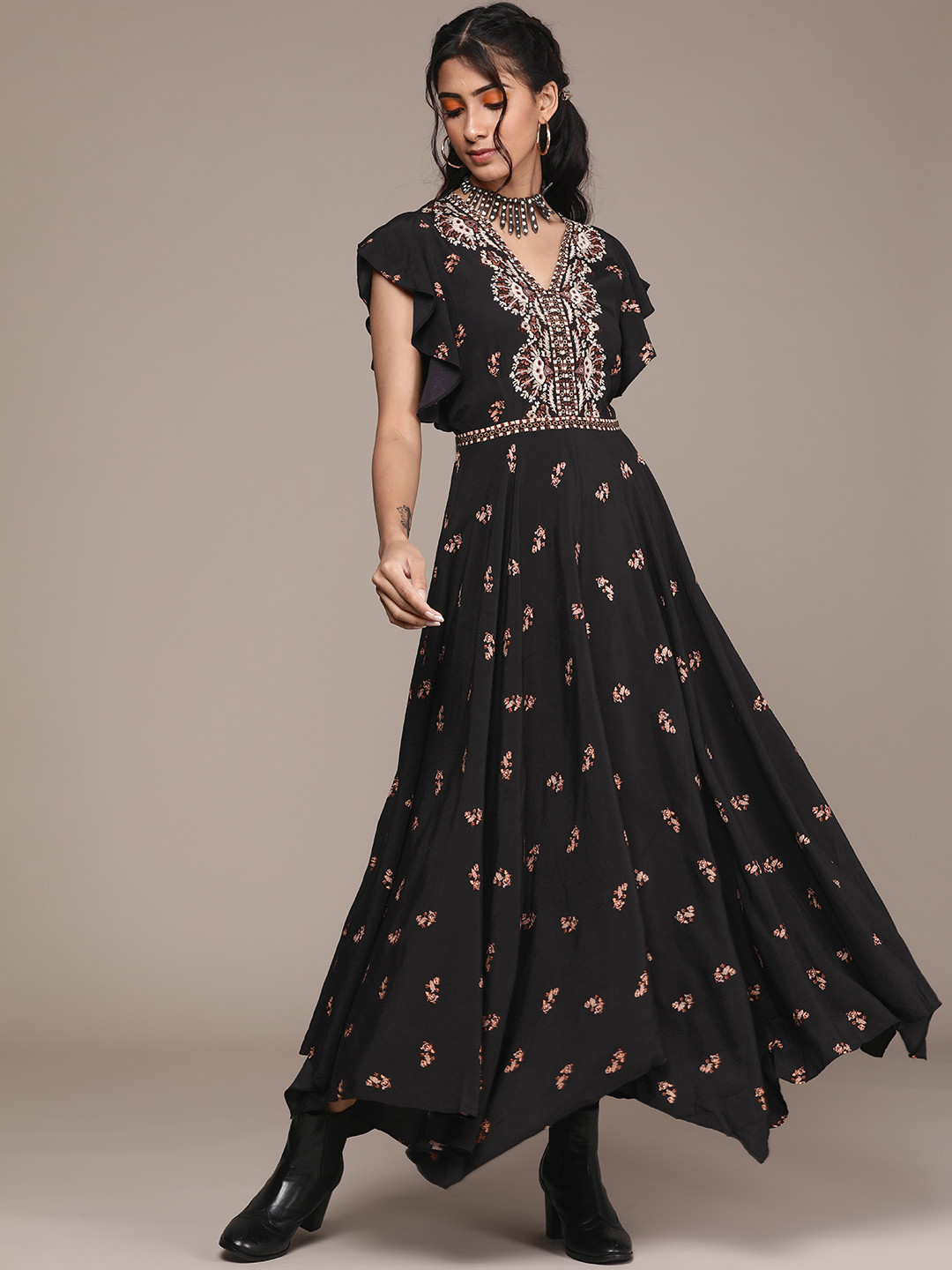 Buy Label Ritu Kumar Black & Brown Ethnic Motifs Print Flared Sleeves ...