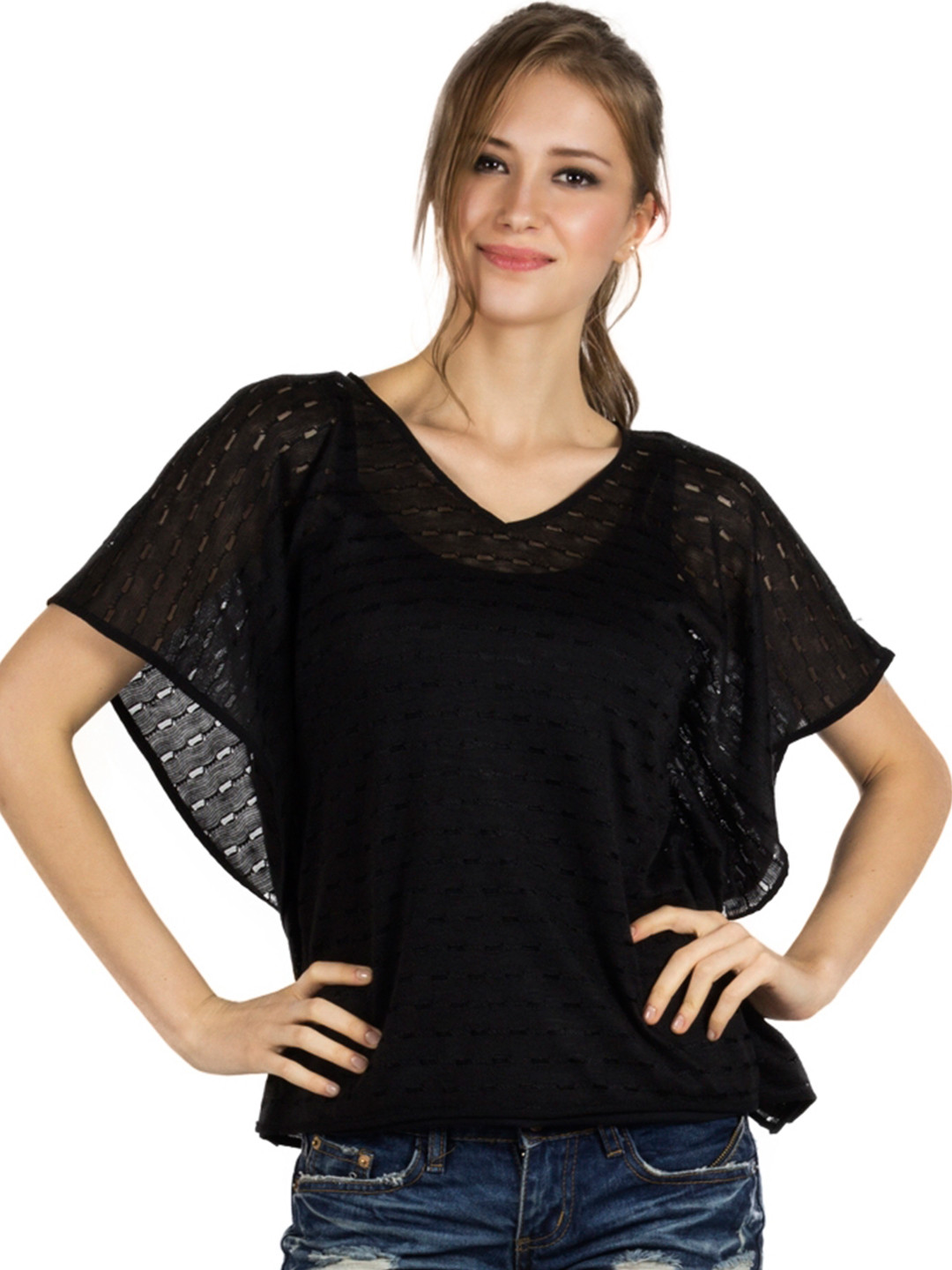 Buy 109F Black Polyester Patterned Sheer Boxy Top - Tops for Women ...