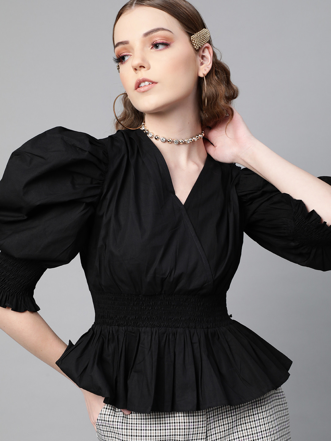 Buy PlusS Splendid Black Solid Power Shoulders Wrap Top - Tops for ...