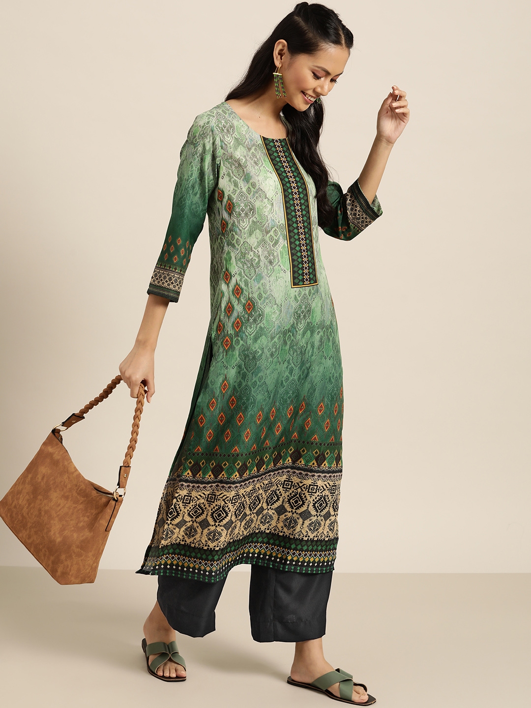 Buy Sangria Women Green Ethnic Motifs Print Kurta With Palazzos - Kurta ...