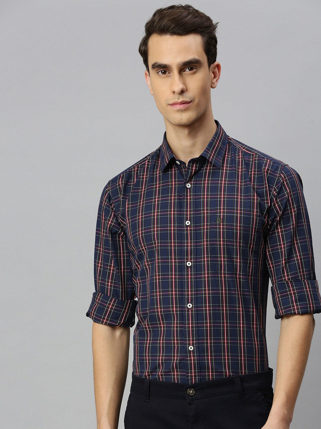 Buy Raymond Men Navy Blue & Green Slim Fit Checked Pure Cotton Casual ...