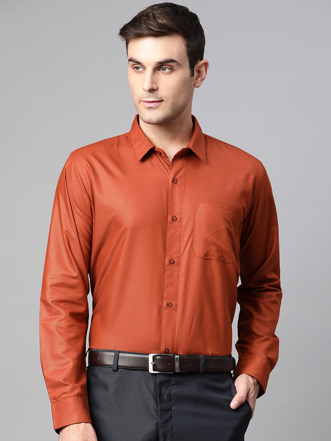 Buy DENNISON Men Rust Orange Smart Slim Fit Twill Weave Solid Formal ...