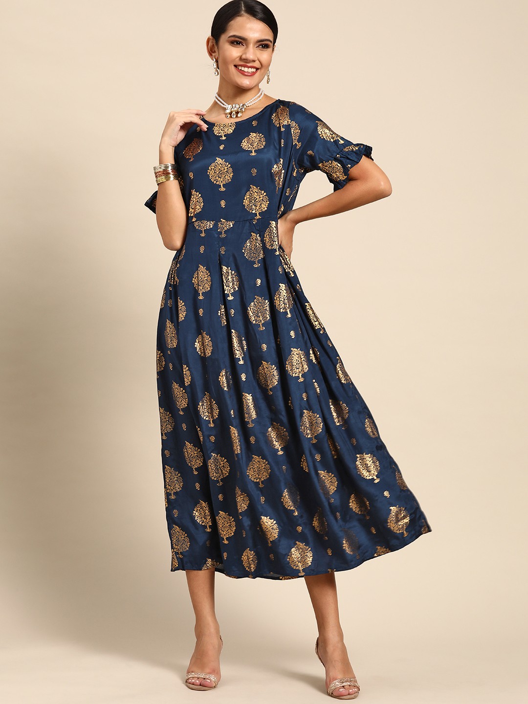 Buy Anouk Women Navy Blue And Golden Ethnic Motifs Printed A Line Dress