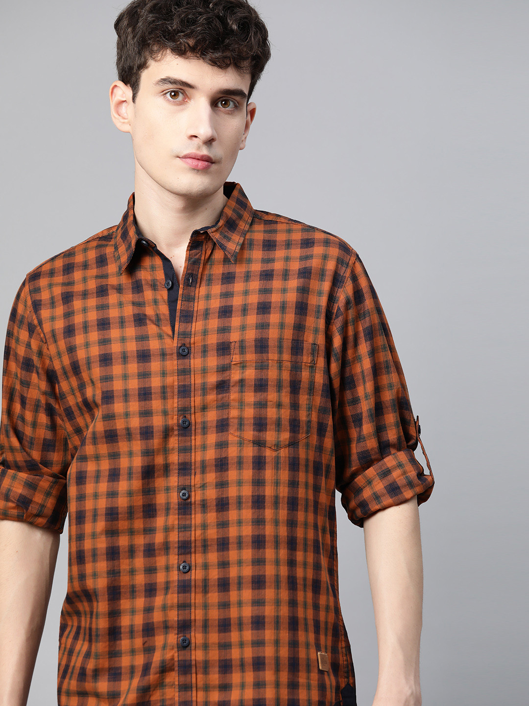 Buy Roadster Men Rust Orange & Navy Blue Pure Cotton Tartan Checked ...
