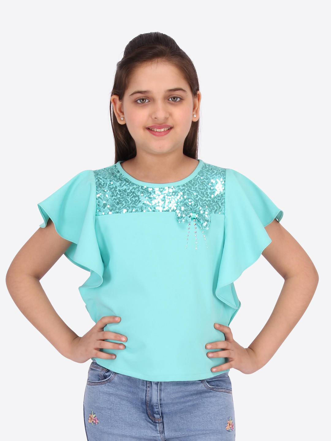 Buy CUTECUMBER Girls Green Embellished Flutter Sleeves Regular Top ...