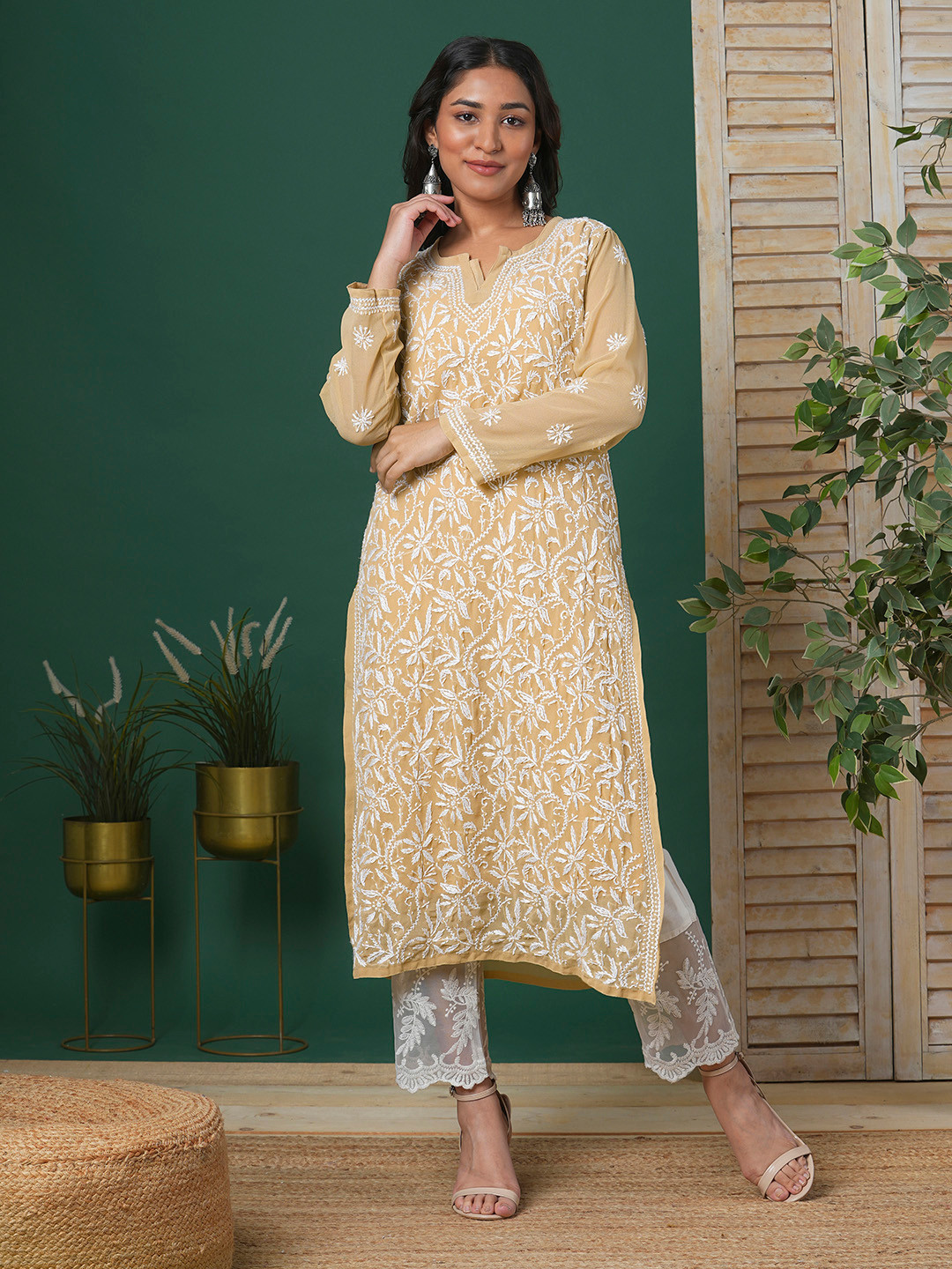Buy ADA Women Beige Ethnic Motifs Hand Embroidered Chikankari Handloom ...