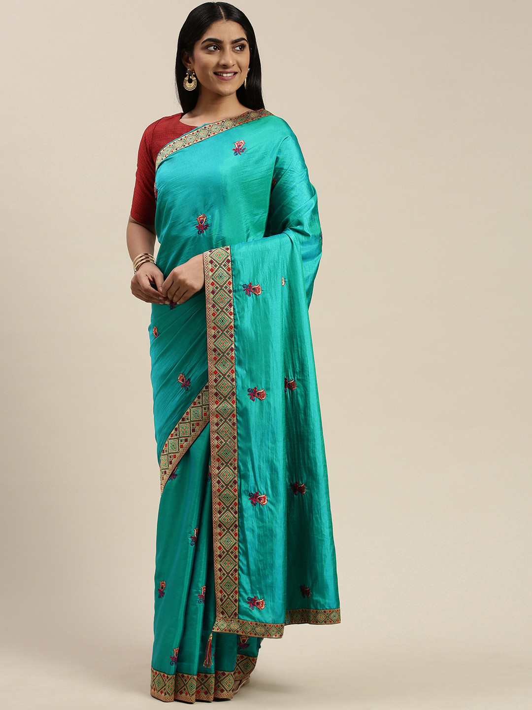 Buy Indian Women Turquoise Blue & Red Silk Blend Embroidered Saree ...