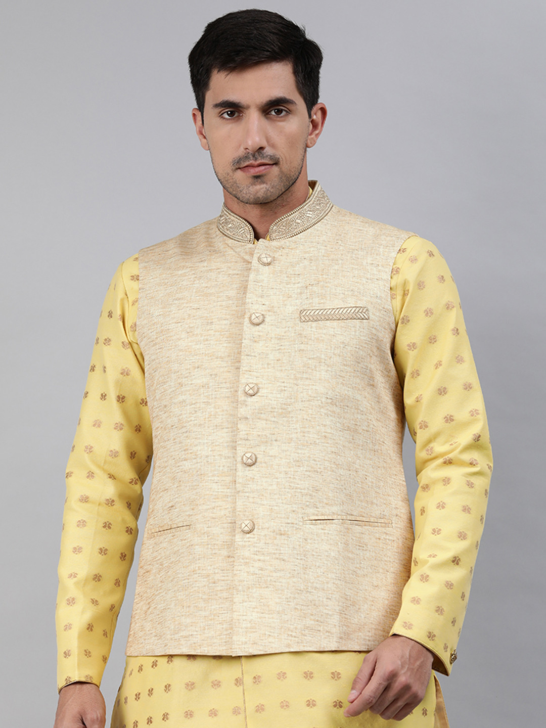 Buy Ethnix By Raymond Men Beige Woven Design Nehru Jacket - Nehru ...