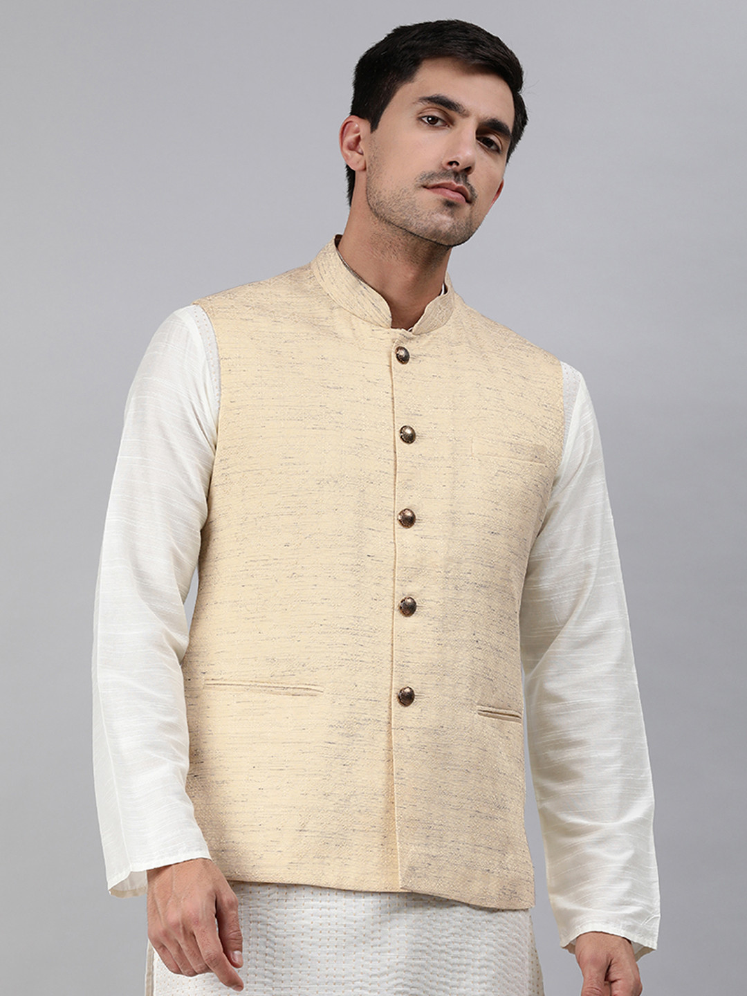 Buy Ethnix By Raymond Men Beige Woven Design Nehru Jacket - Nehru ...