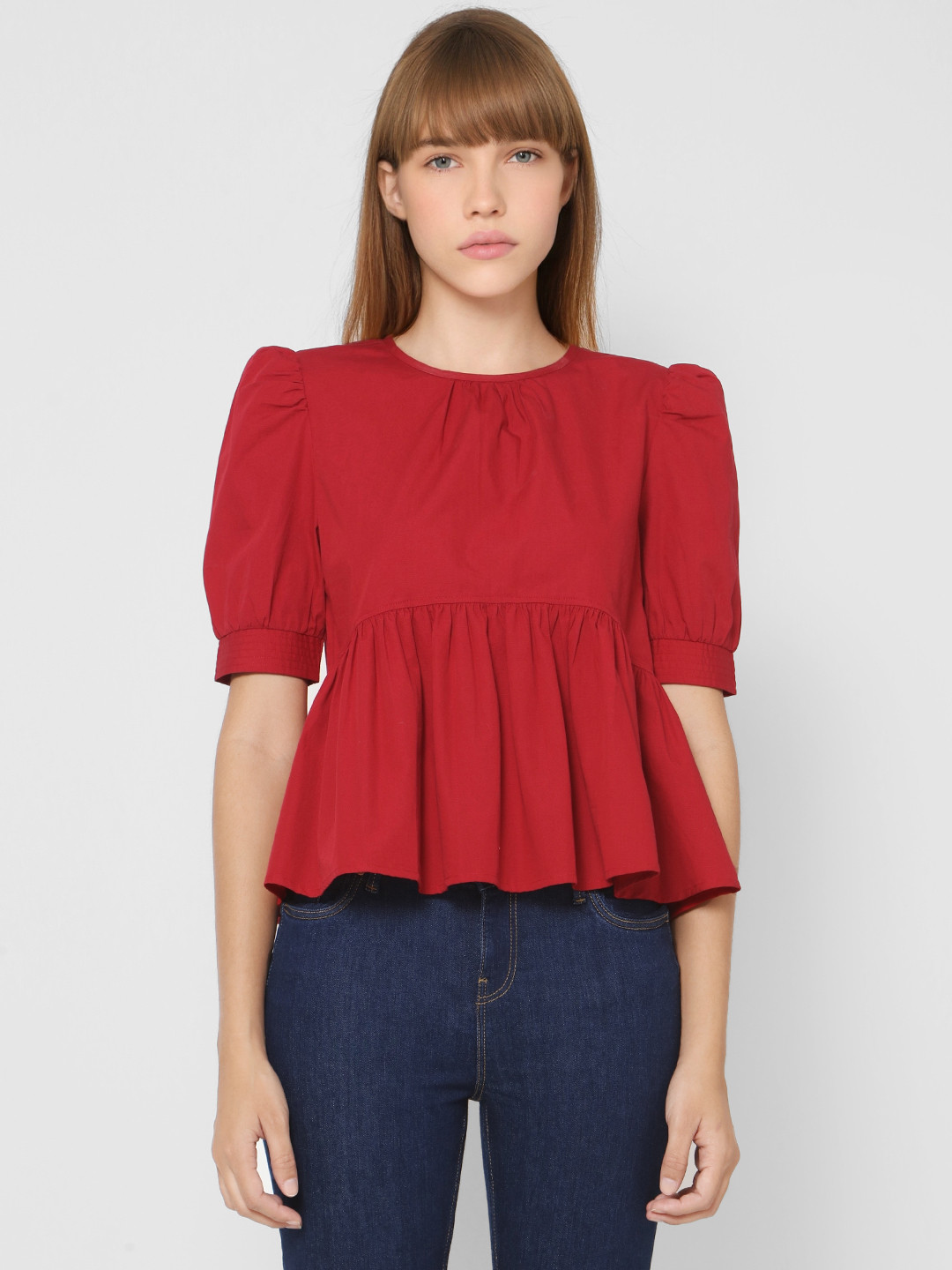 Buy ONLY Red Puff Sleeve Peplum Top - Tops for Women 13826300 | Myntra