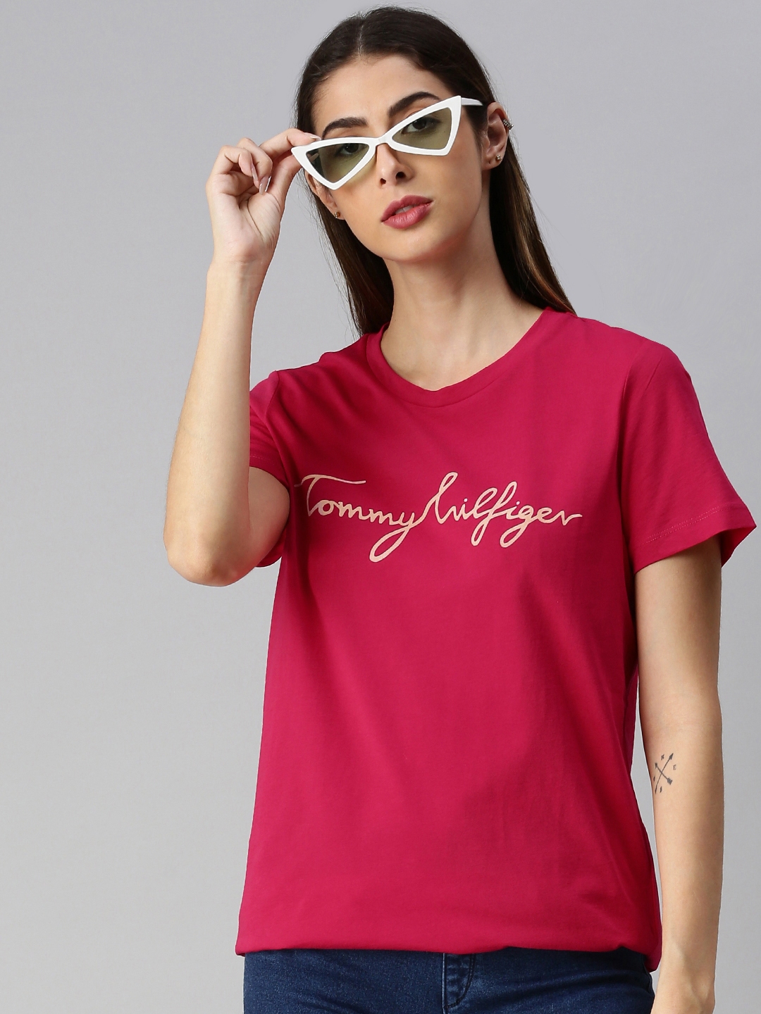 Buy Tommy Hilfiger Women Pink Printed Round Neck Pure Cotton T Shirt