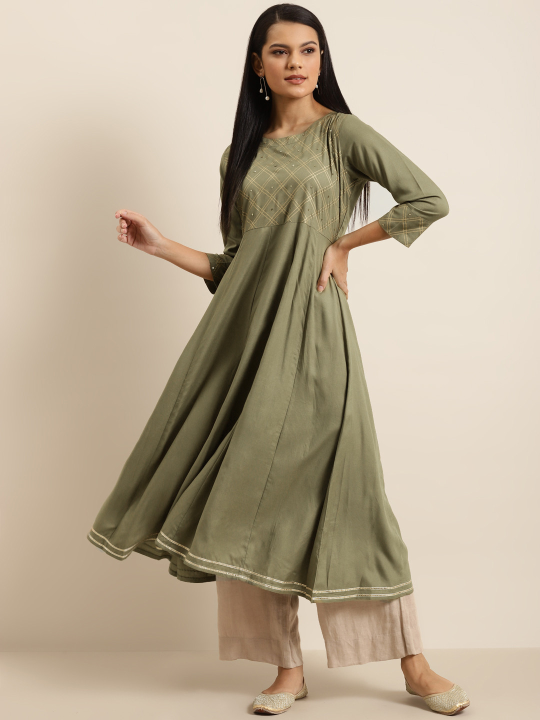 Buy Shae By Sassafras Women Olive Green & Golden Sequinned Yoke Design ...