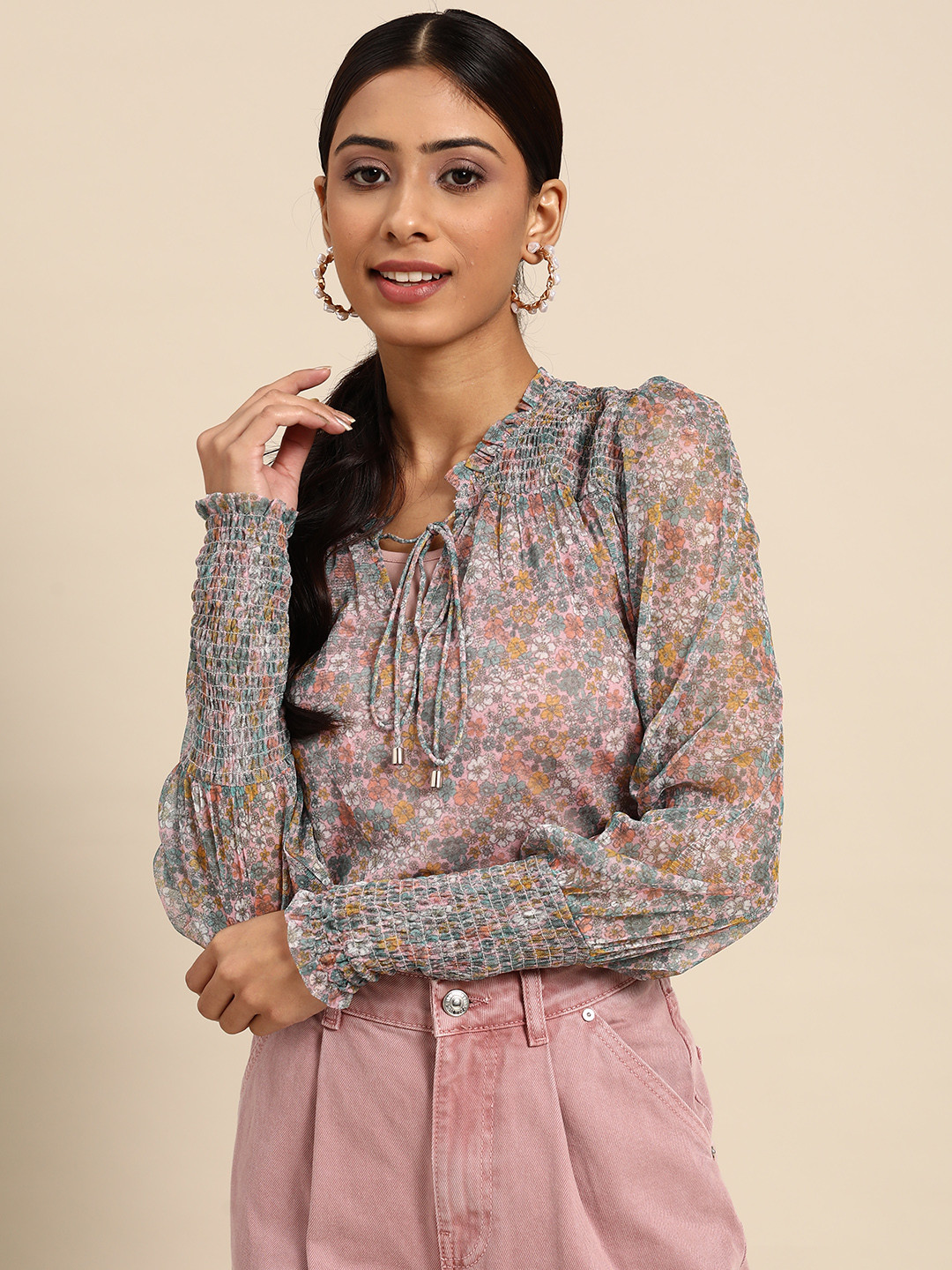 Buy COVER STORY Pretty Pink And Green Floral Print Smocked Top - Tops ...