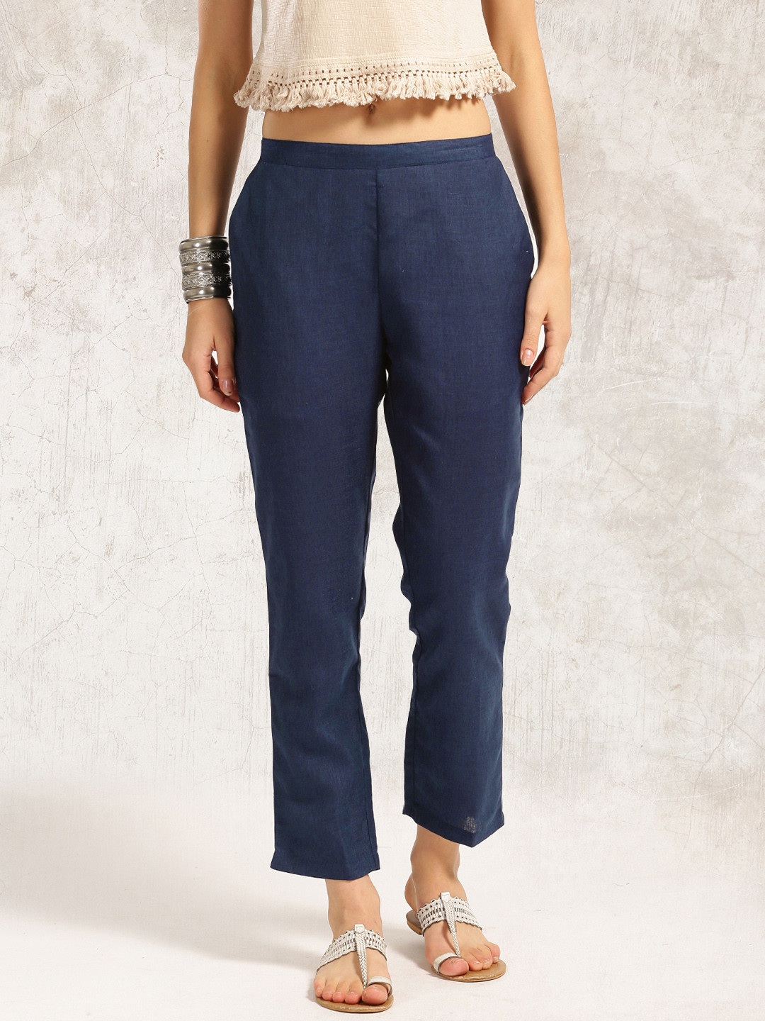 Buy Anouk Women Navy Blue Solid Cigarette Trousers - Trousers for Women ...