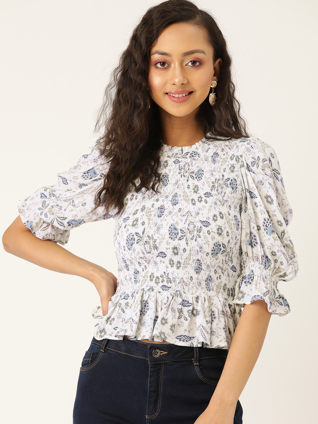 Buy LABEL REGALIA Women White & Blue Floral Printed Puff Sleeves ...