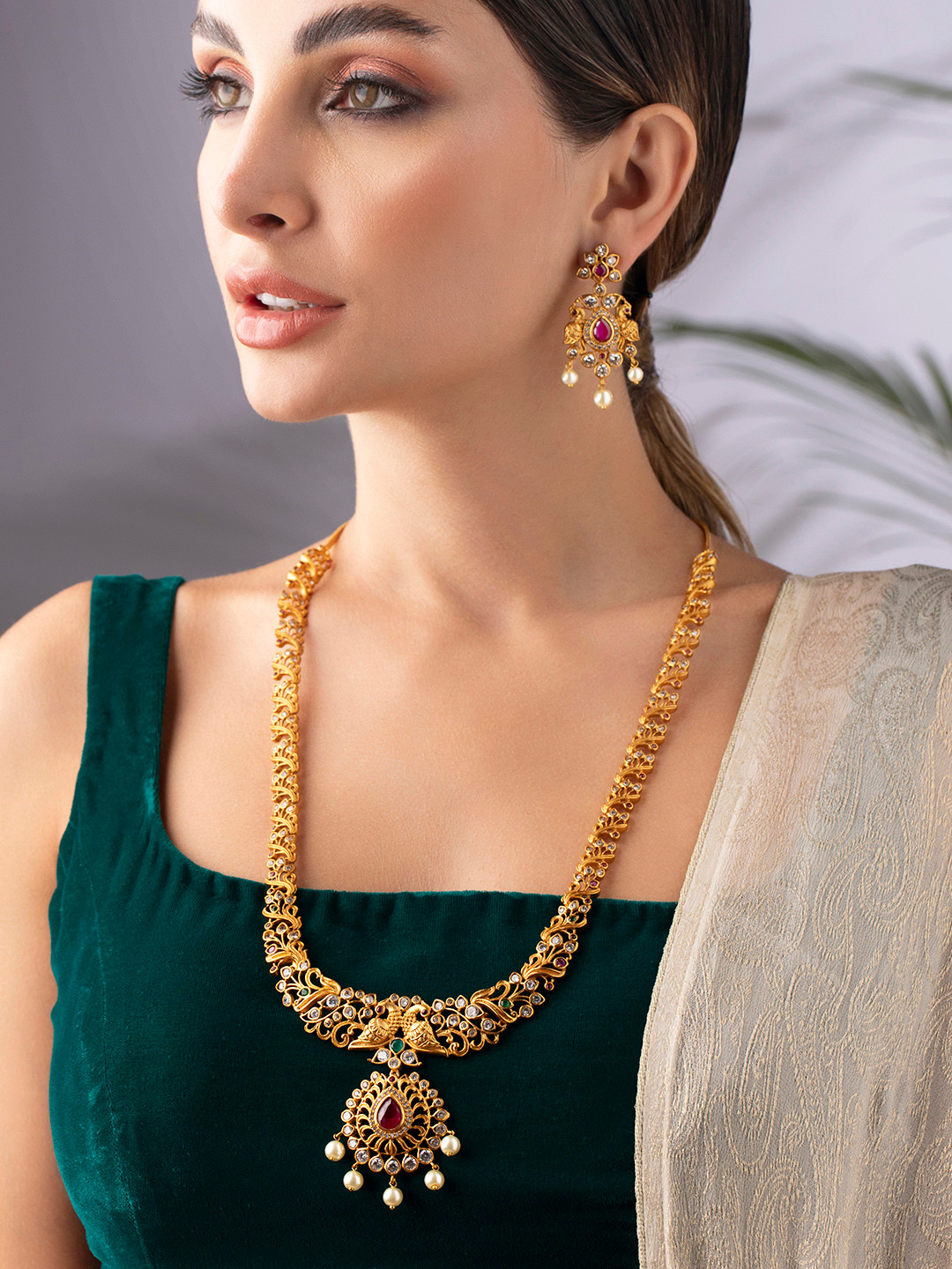 Buy Rubans 24K Gold Plated Ruby & Emerald Studed Pearl Beaded ...