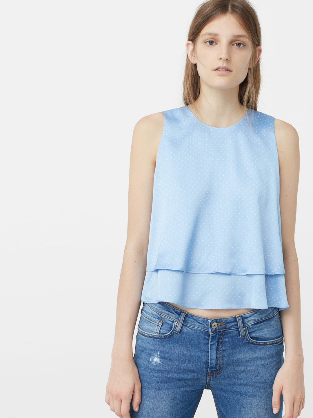 Buy MANGO Blue Dot Print Layered Crop A Line Top - Tops for Women ...