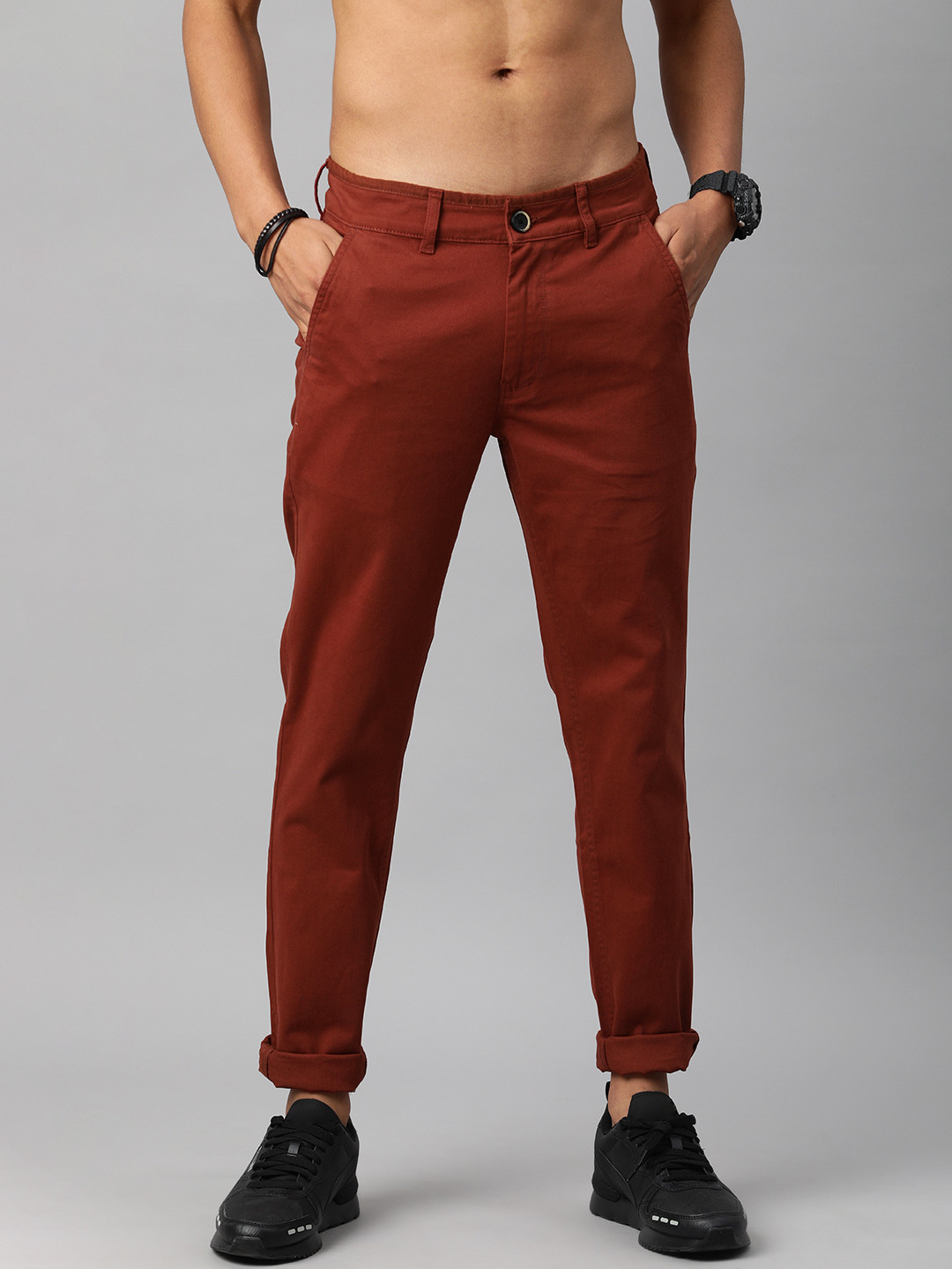 Buy Roadster Men Rust Brown Solid Chinos Trousers - Trousers for Men ...