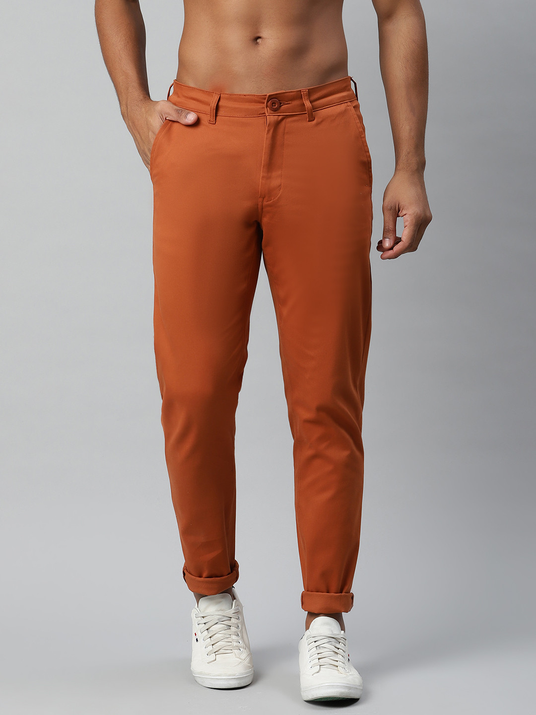 Buy Roadster Men Rust Brown Solid Regular Fit Chinos - Trousers for Men ...