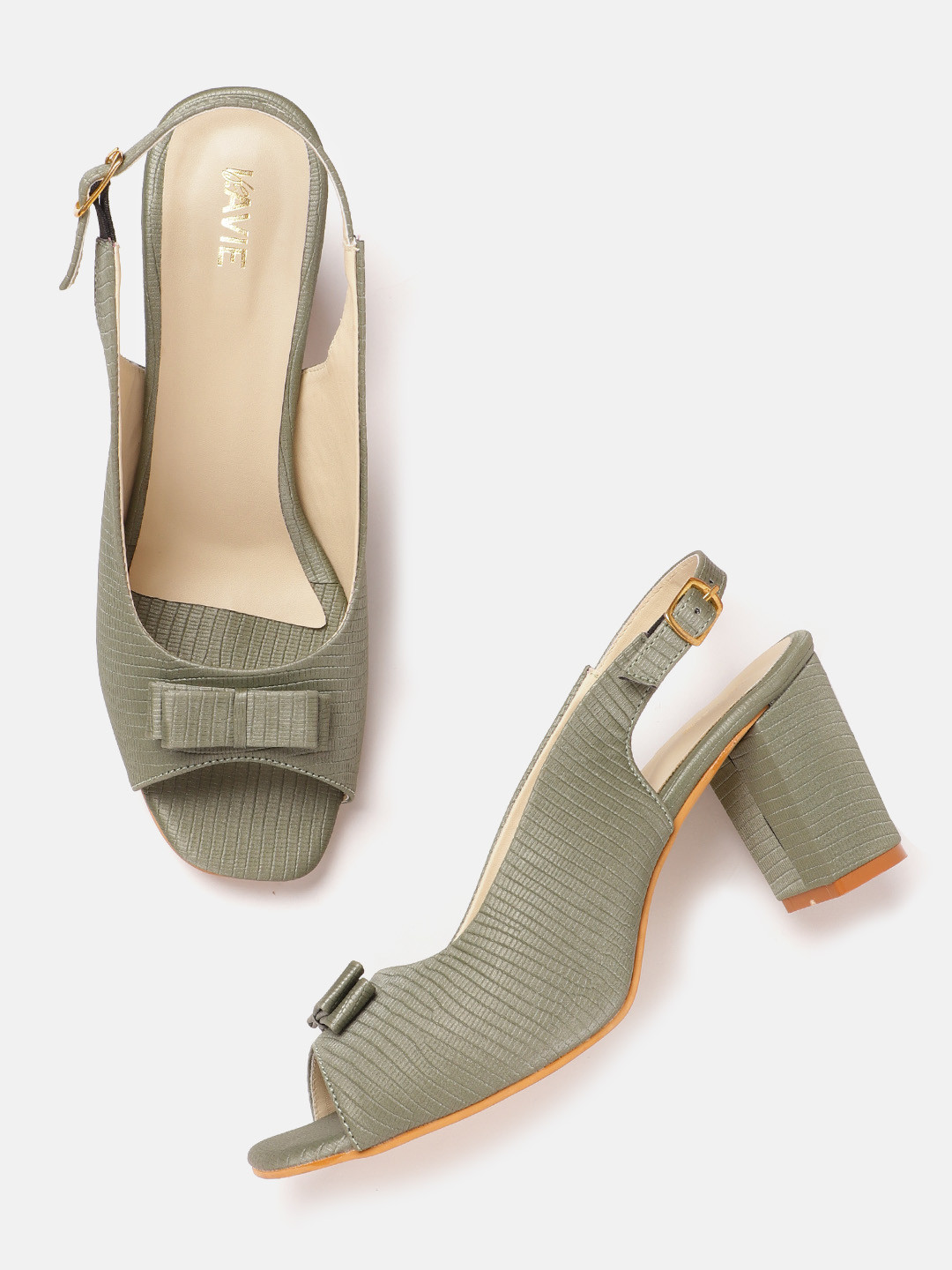 Buy Lavie Women Olive Green Snakeskin Textured Block Heels With Bow ...