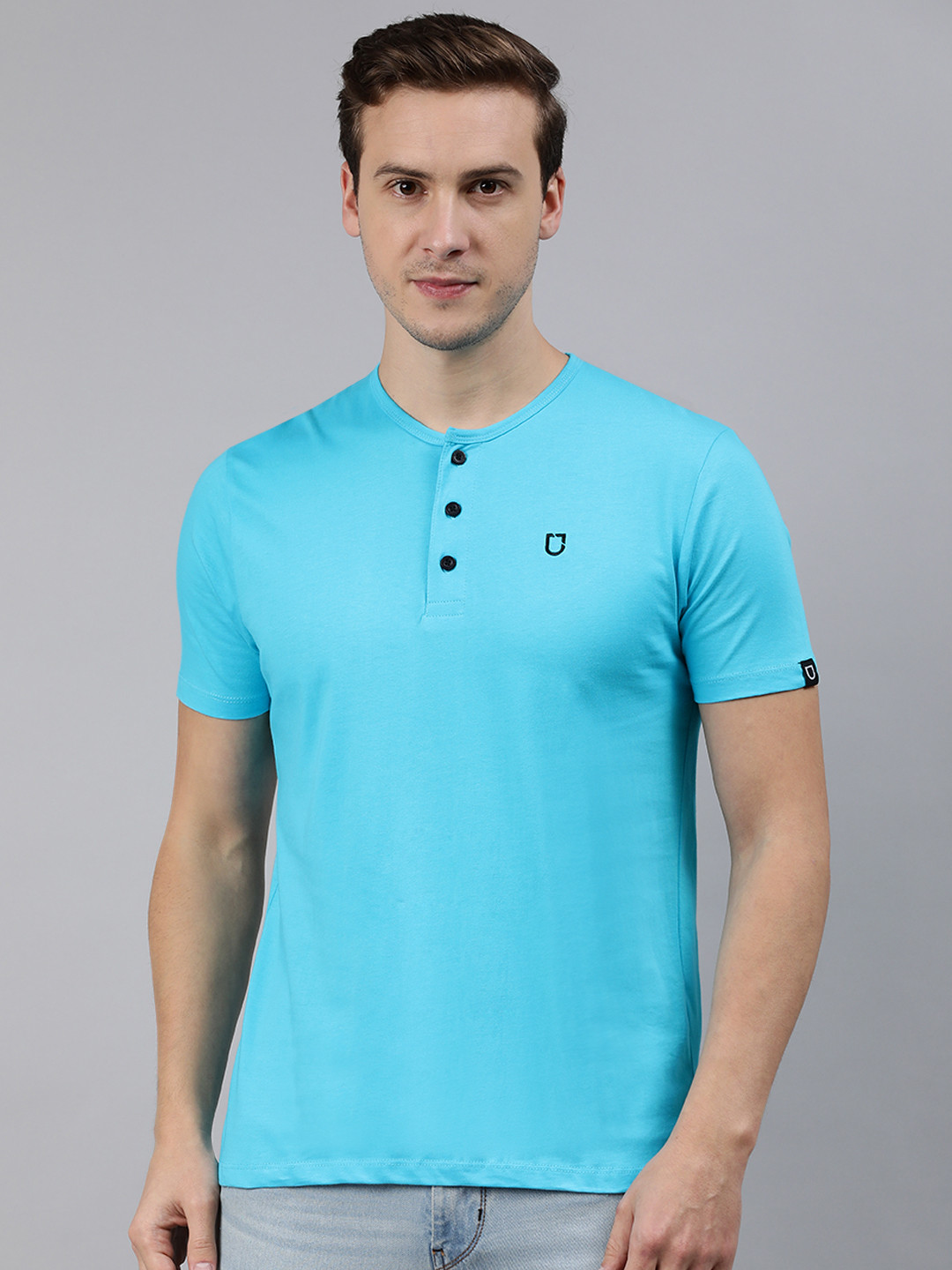 Buy Urbano Fashion Men Turquoise Blue Henley Neck Slim Fit T Shirt ...