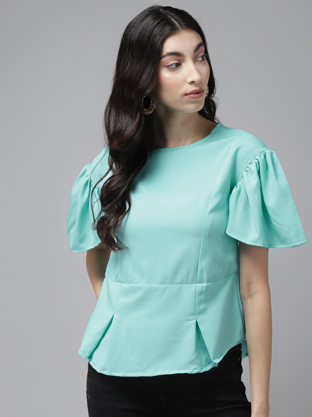 Buy Cayman Turquoise Blue Solid Flared Sleeves A Line Top - Tops for ...
