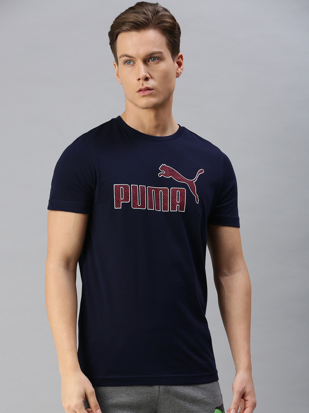 Buy Puma Men Navy Blue Brand Logo Printed Slim Fit Pure Cotton T Shirt ...