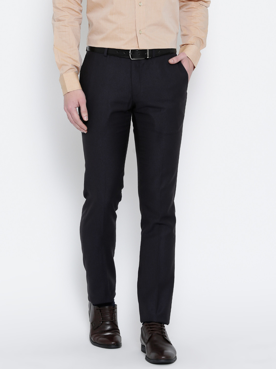 Buy Blackberrys Men Navy Solid Sharp Fit Flat Front Formal Trousers ...