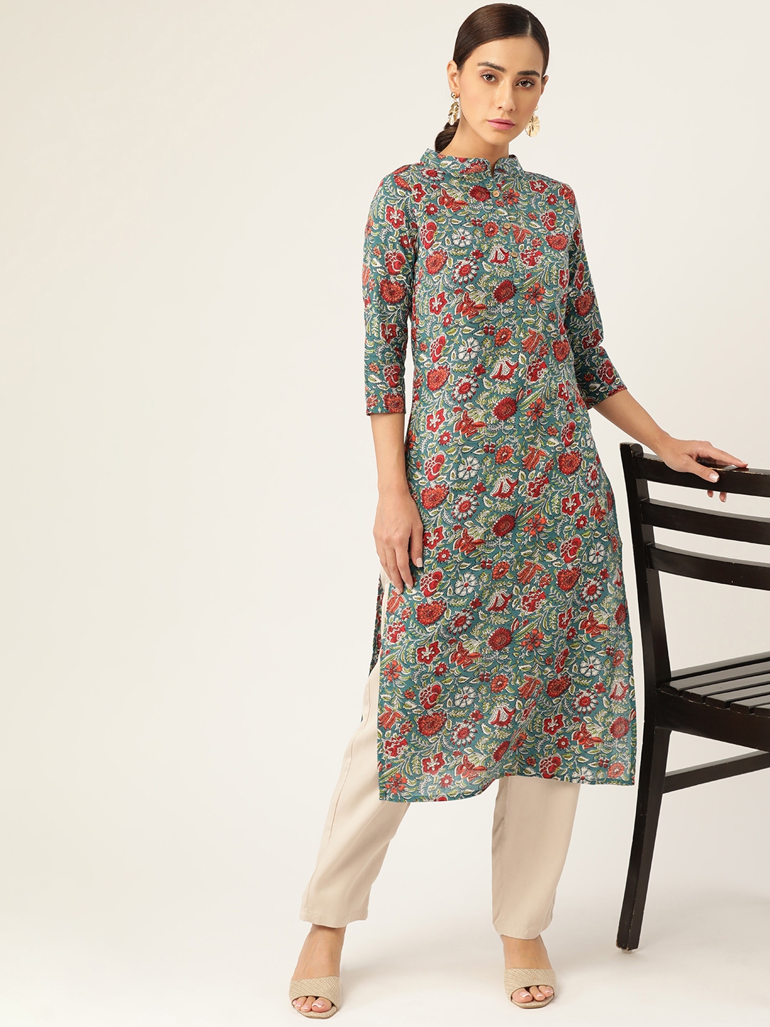 Buy Anouk Women Teal Blue And Red Pure Cotton Ethnic Motifs Printed
