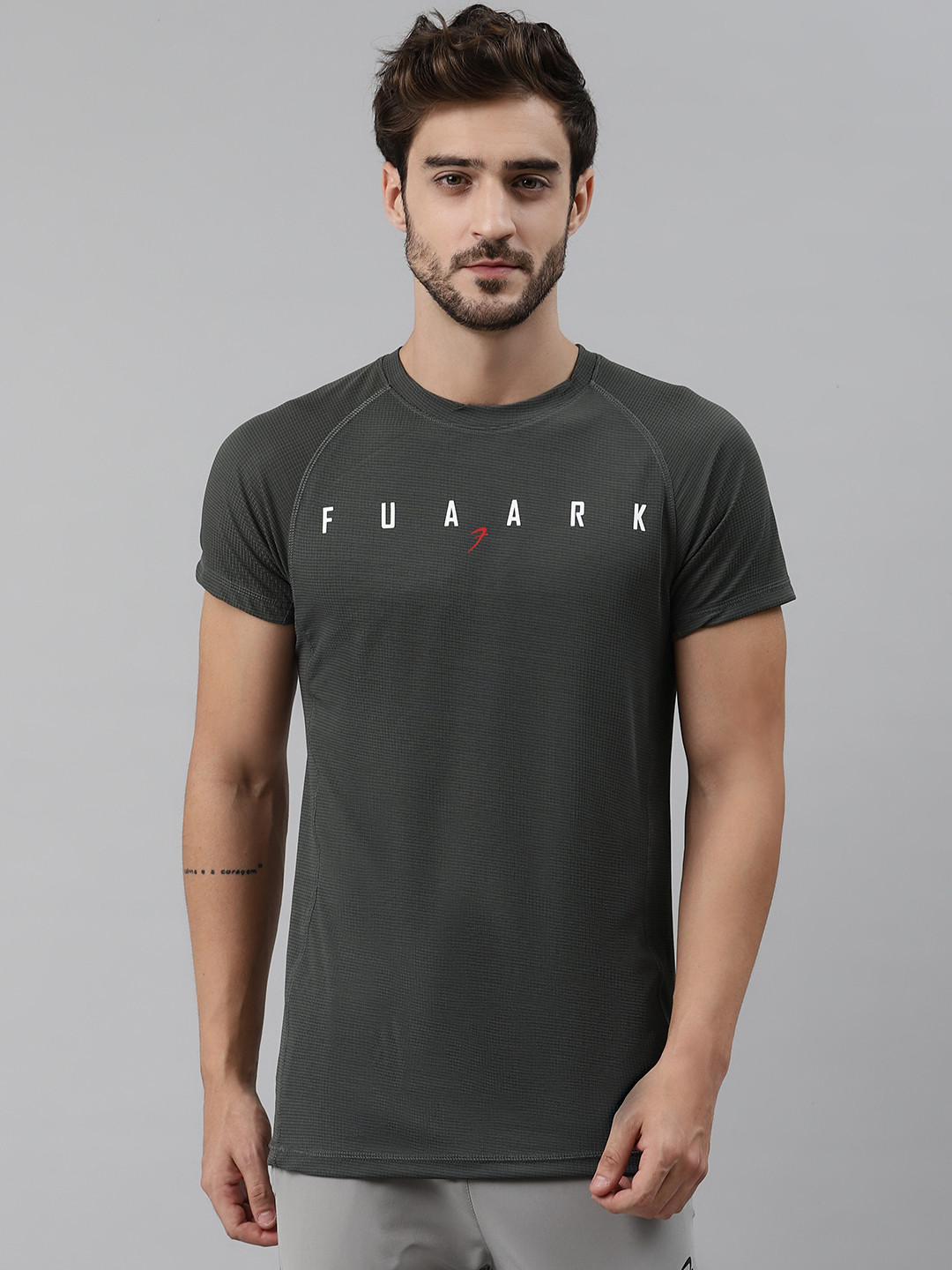 Buy FUAARK Men Charcoal Grey Slim Fit Self Checked Training T Shirt ...