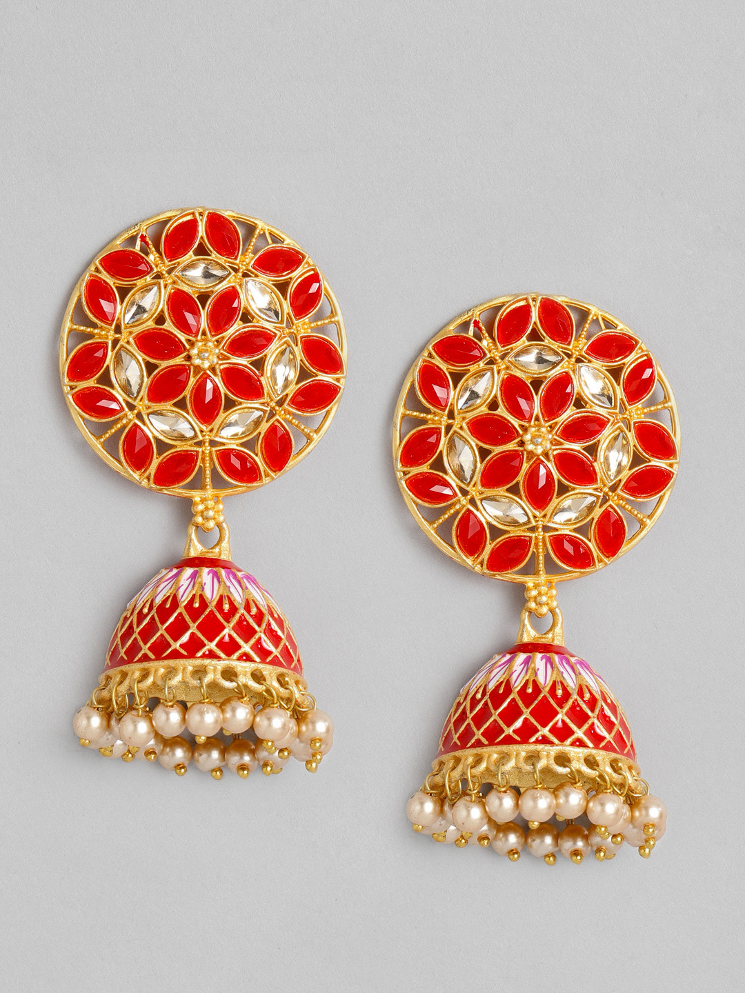 Buy Justpeachy Red & Gold Toned Dome Shaped Jhumkas - Earrings for ...